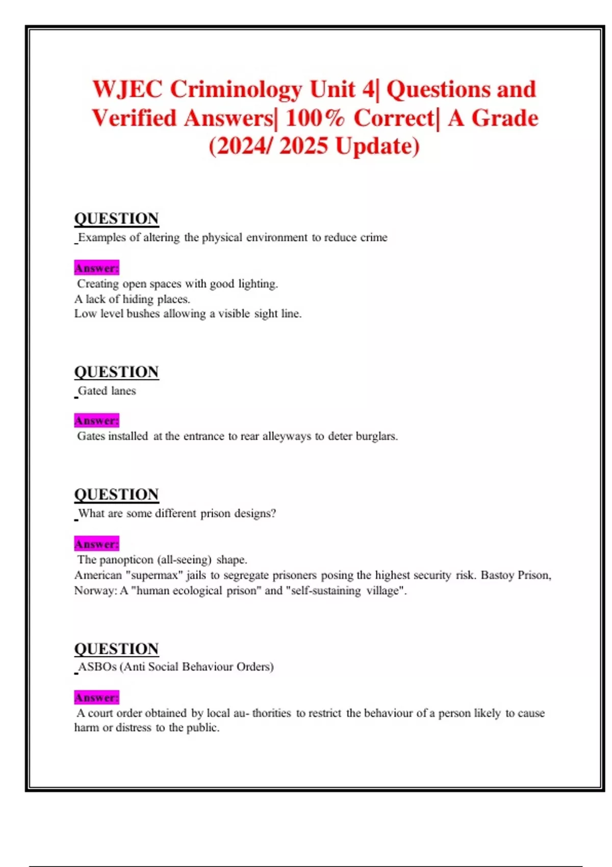 WJEC Criminology Unit 4| Questions and Verified Answers| 100% Correct ...