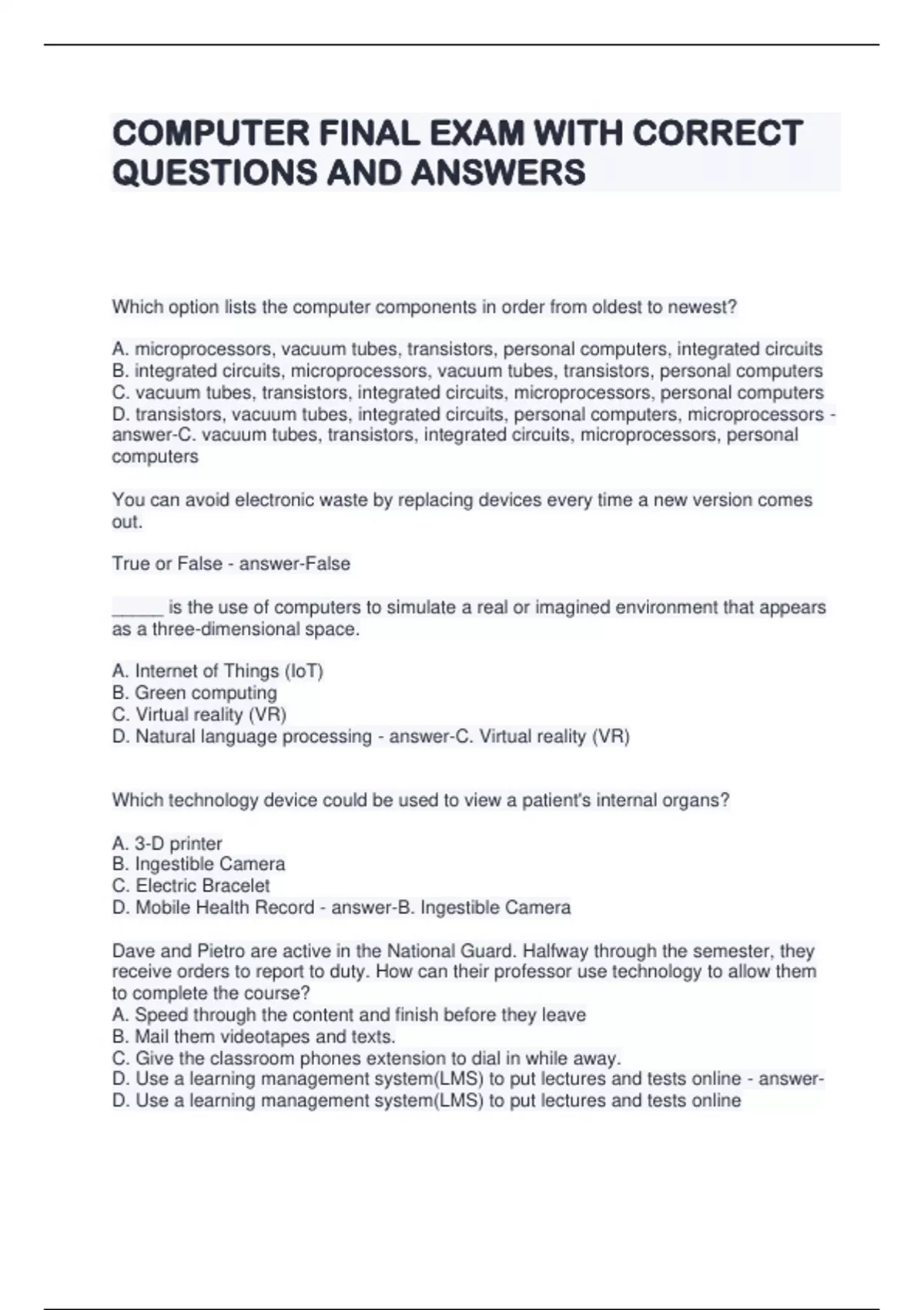COMPUTER FINAL EXAM WITH CORRECT QUESTIONS AND ANSWERS - COMPUTER - Stuvia US