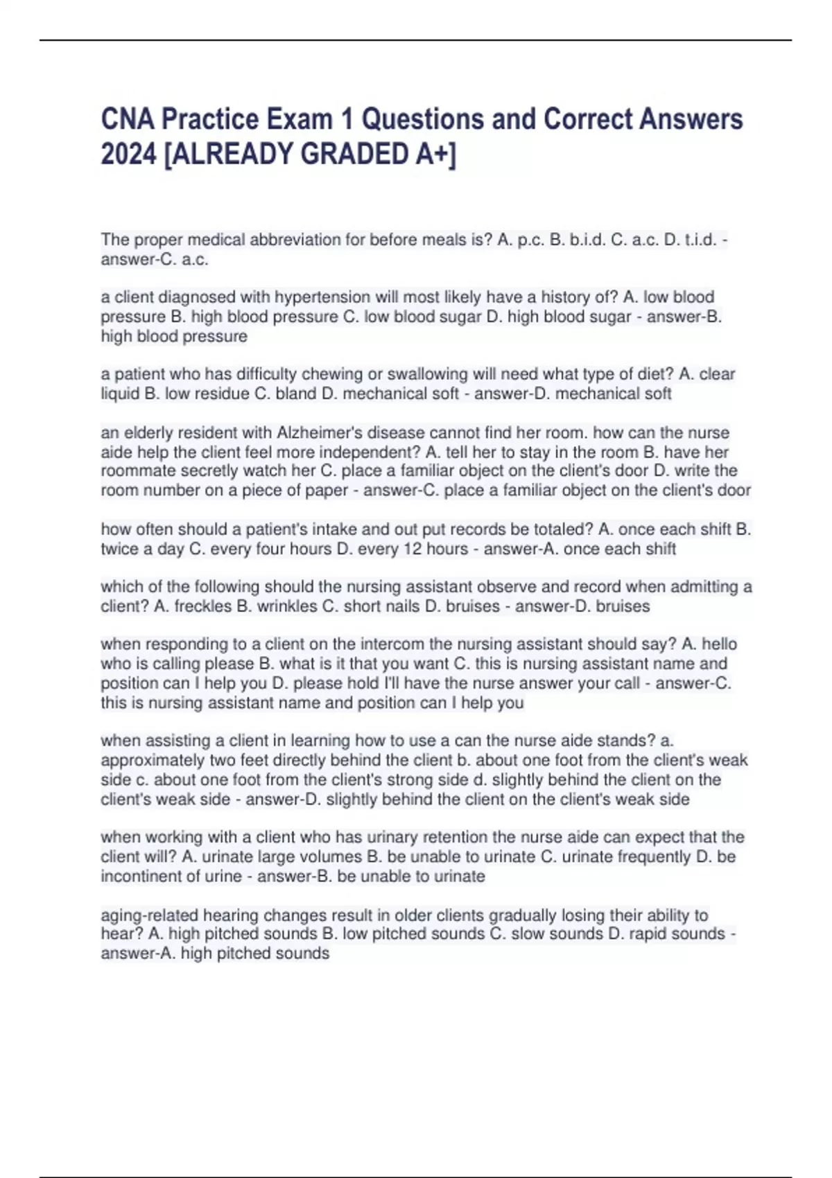 CNA Practice Exam 1 Questions and Correct Answers 2024 [ALREADY GRADED ...