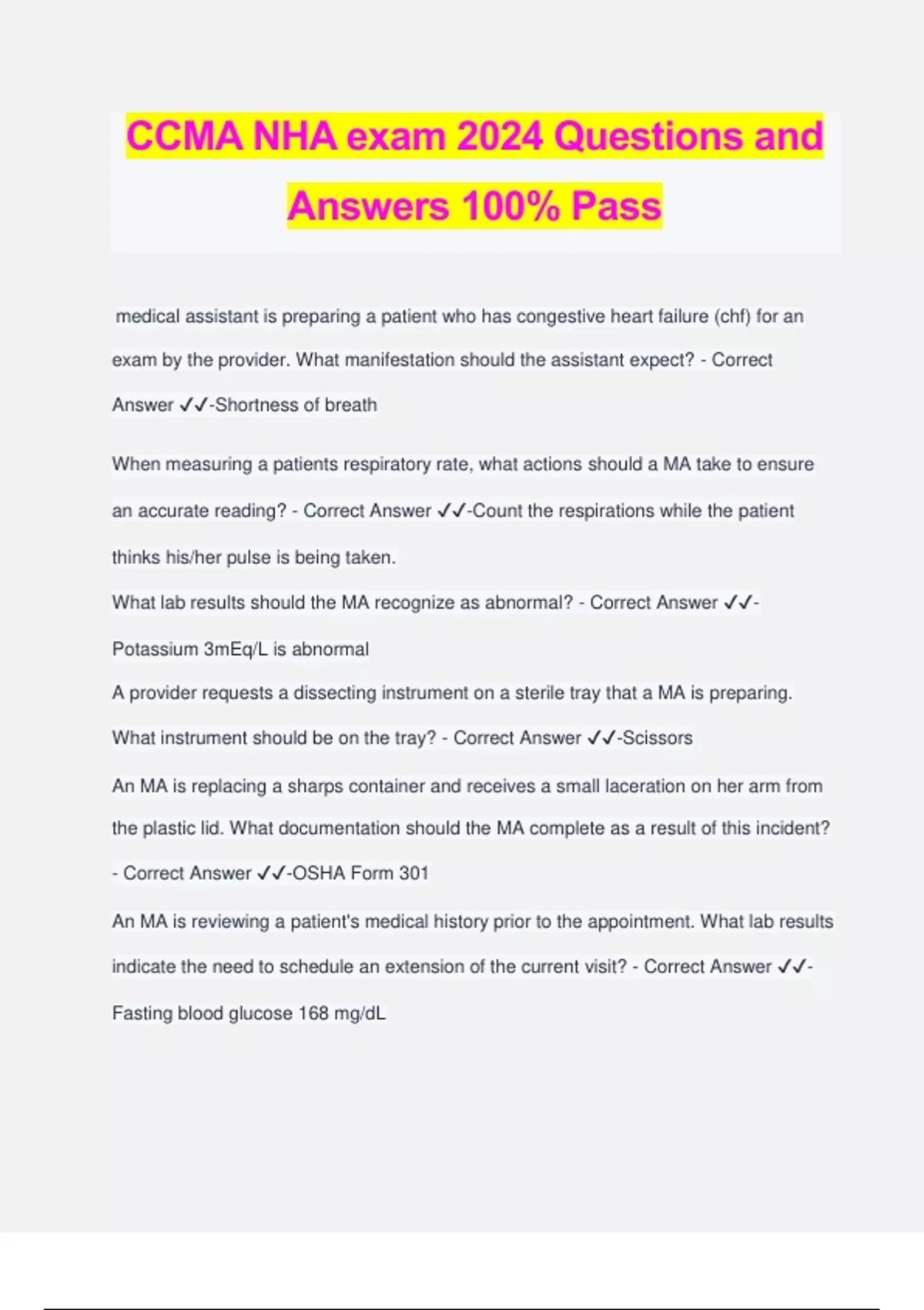 CCMA NHA exam 2024 Questions and Answers 100% Pass - NHA - Stuvia UK