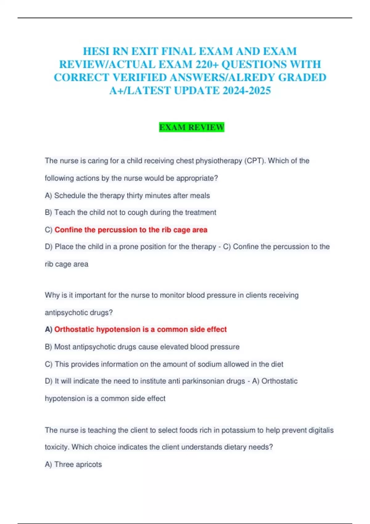 HESI RN EXIT FINAL EXAM AND EXAM REVIEW/ACTUAL EXAM 220+ QUESTIONS WITH CORRECT VERIFIED ANSWERS ...