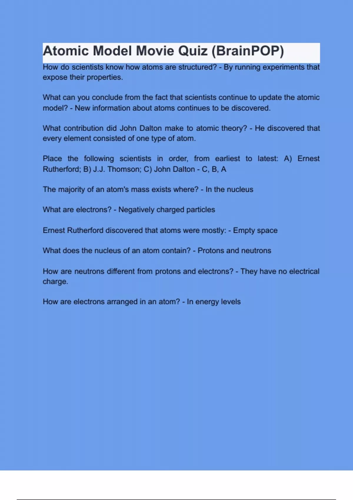 Atomic Model Movie Quiz (BrainPOP) with 100% correct answers | verified ...