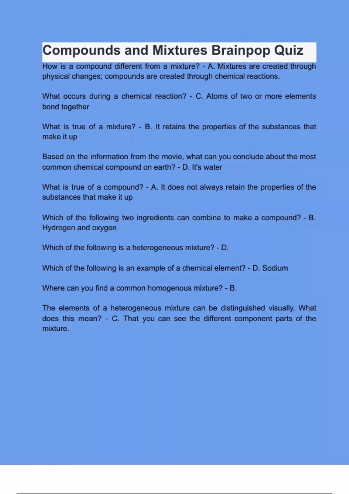 Compounds and Mixtures Brainpop Quiz with 100% correct answers ...