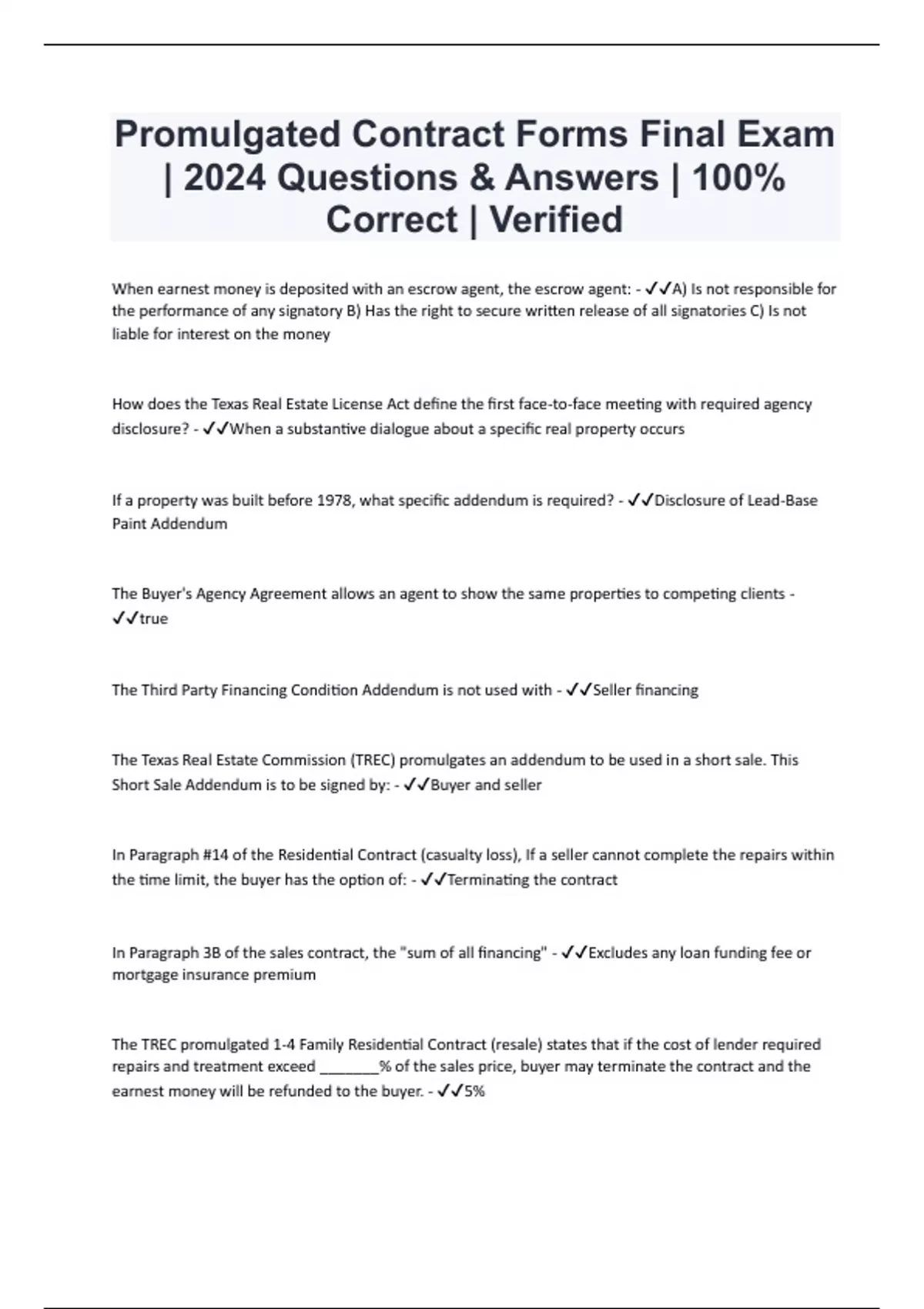 Promulgated Contract Forms Final Exam | 2024 Questions & Answers | 100% ...
