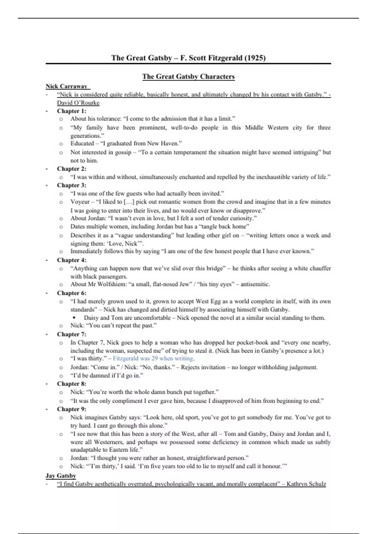 Summary The Great Gatsby all Character Notes (quotes, analysis, context ...
