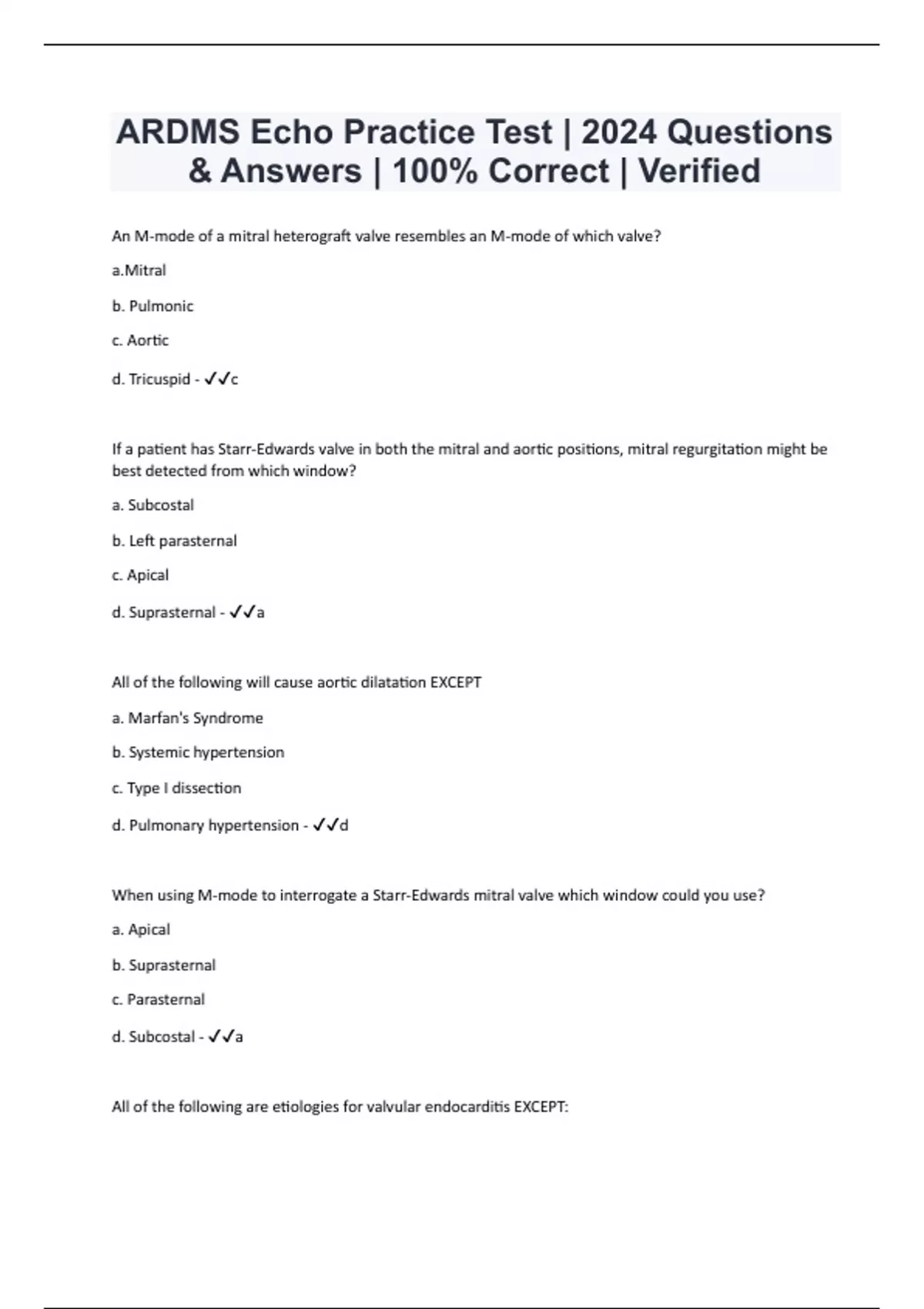 ARDMS Echo Practice Test | 2024 Questions & Answers | 100% Correct ...
