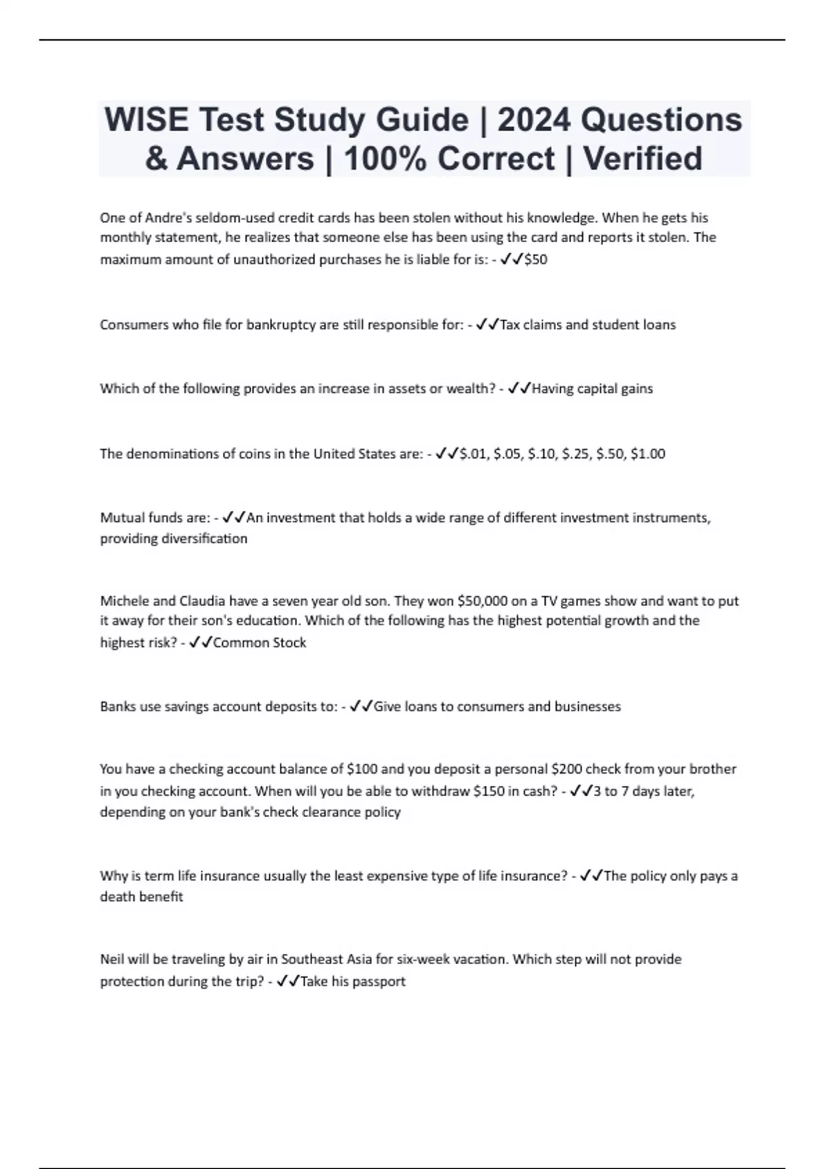 WISE Test Study Guide | 2024 Questions & Answers | 100% Correct ...