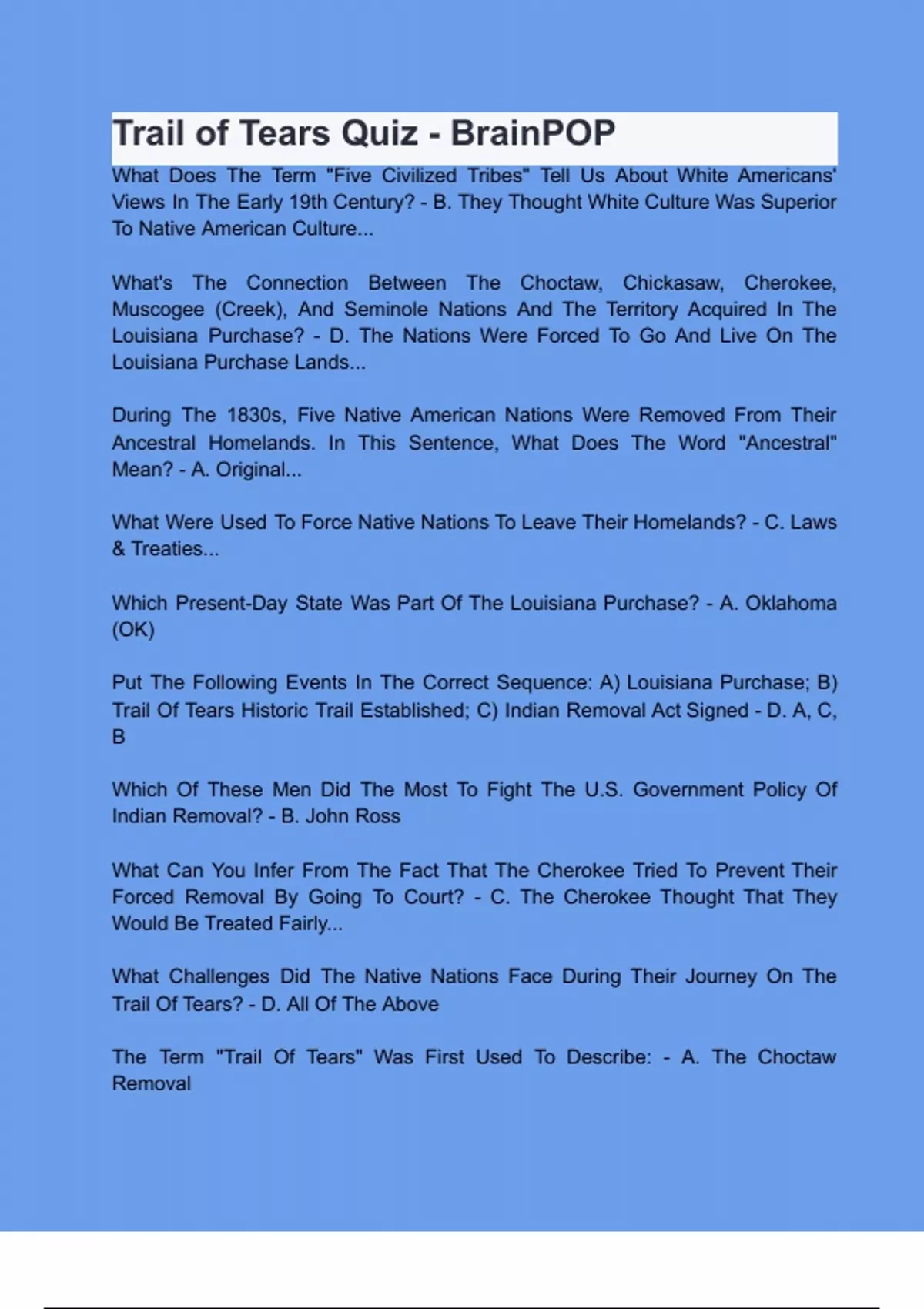 Trail of Tears Quiz - BrainPOP with 100% correct answers | verified ...