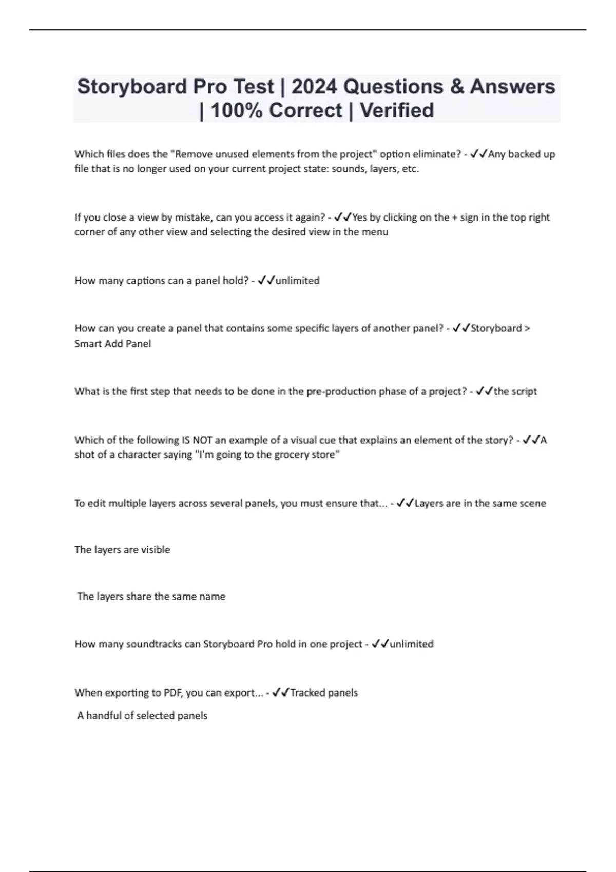 Storyboard Pro Test | 2024 Questions & Answers | 100% Correct ...