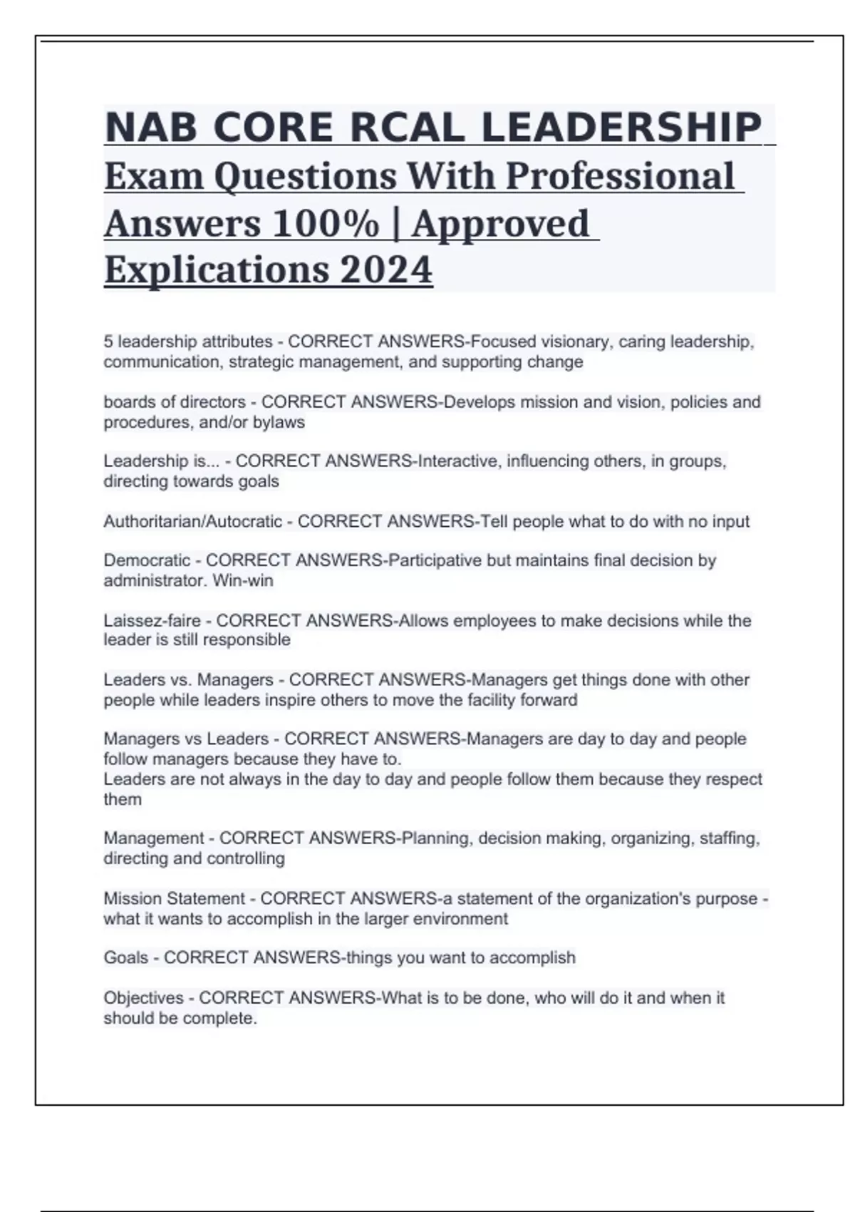 NAB CORE RCAL LEADERSHIP Exam Questions With Professional Answers 100% ...