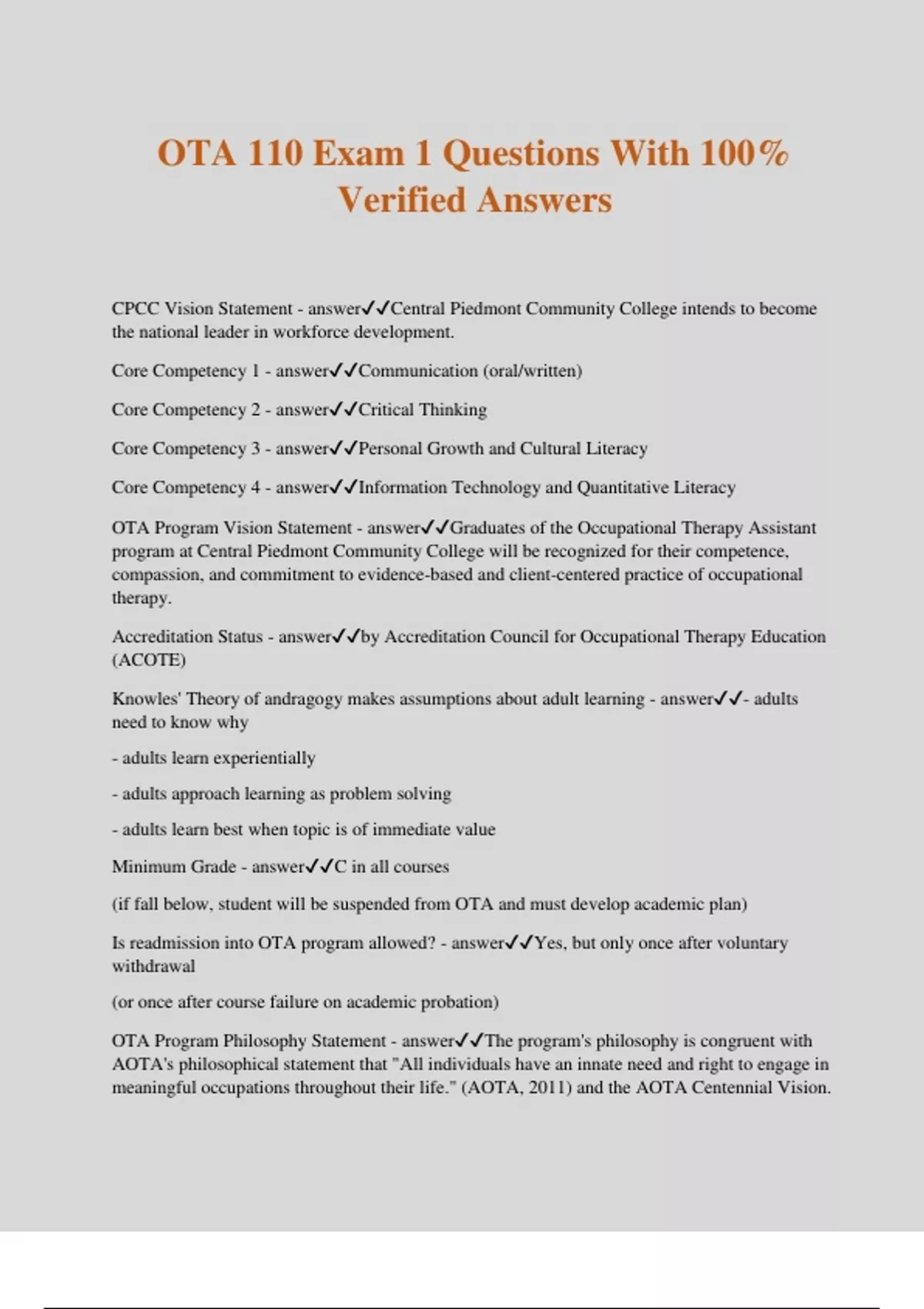OTA 110 Exam 1 Questions With 100% Verified Answers - OTA 110 - Stuvia US