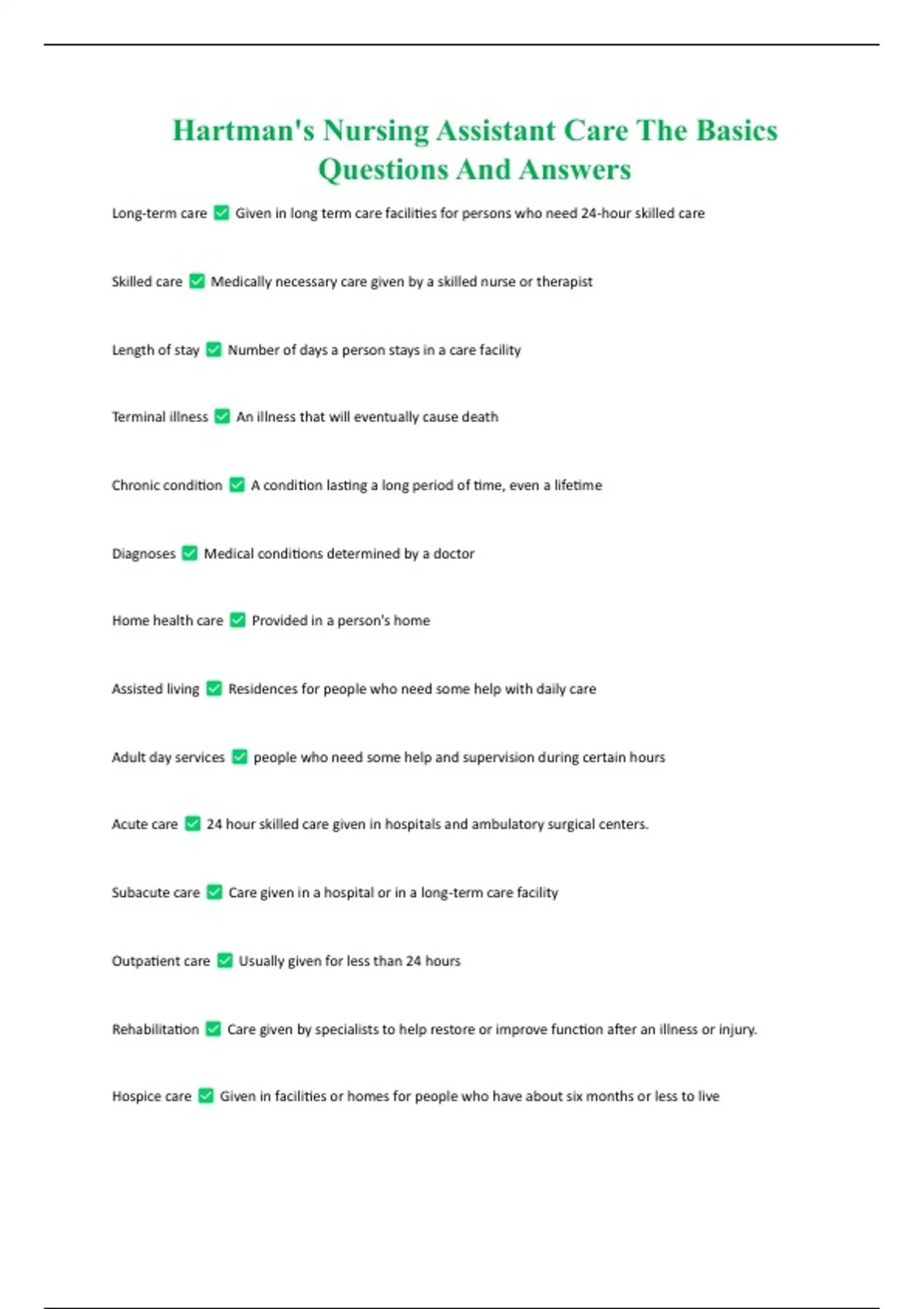 Hartman's Nursing Assistant Care The Basics Questions And Answers ...