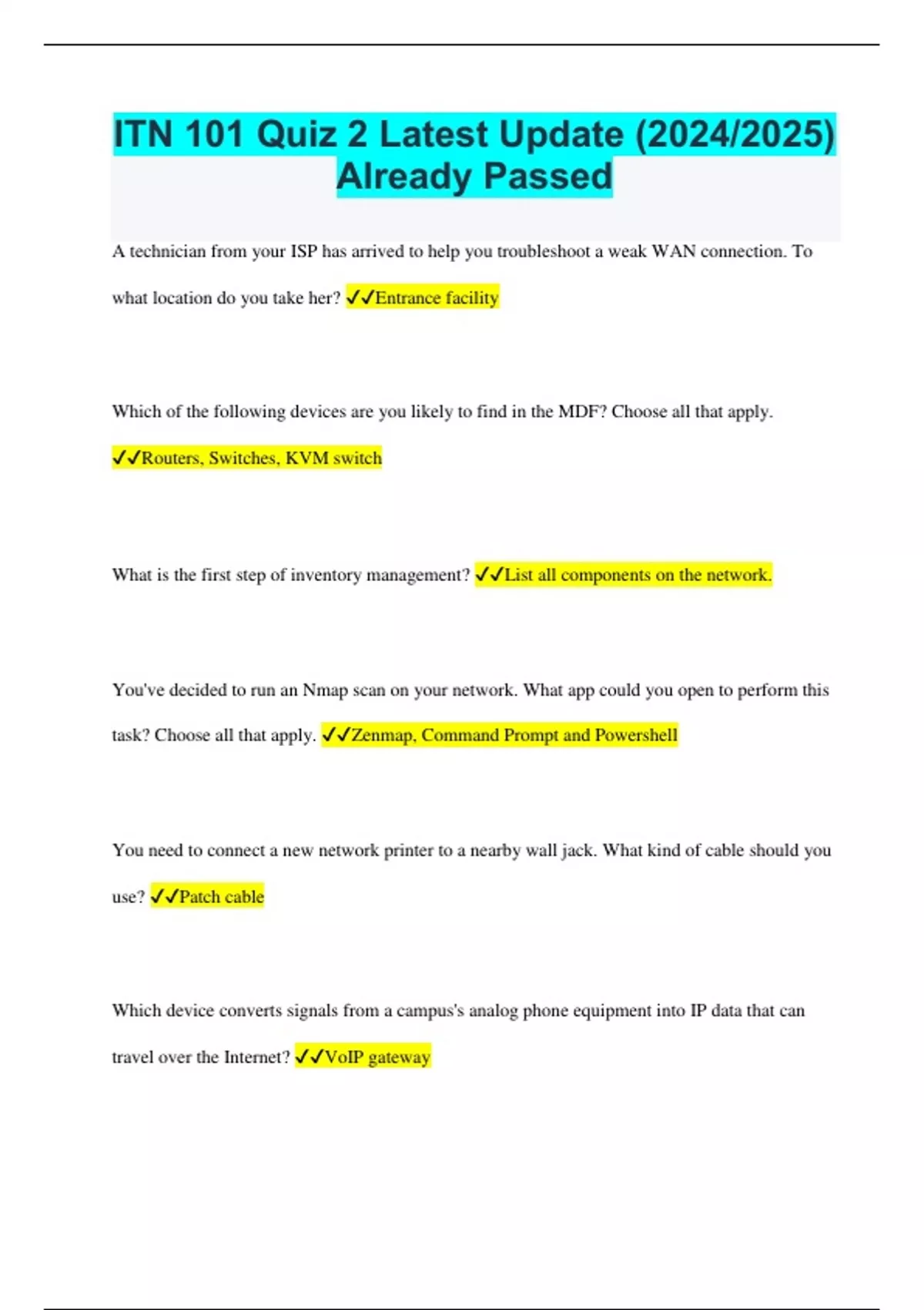 ITN 101 Quiz 2 Latest Update (2024/2025) Already Passed - ITN 101 ...