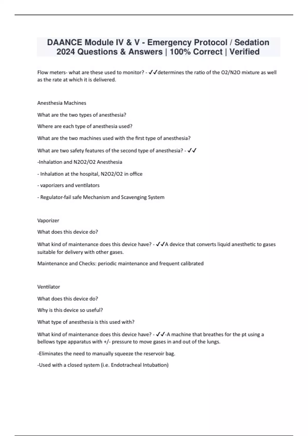 DAANCE Module IV & V - Emergency Protocol / Sedation 2024 Questions & Answers | 100% Correct ...