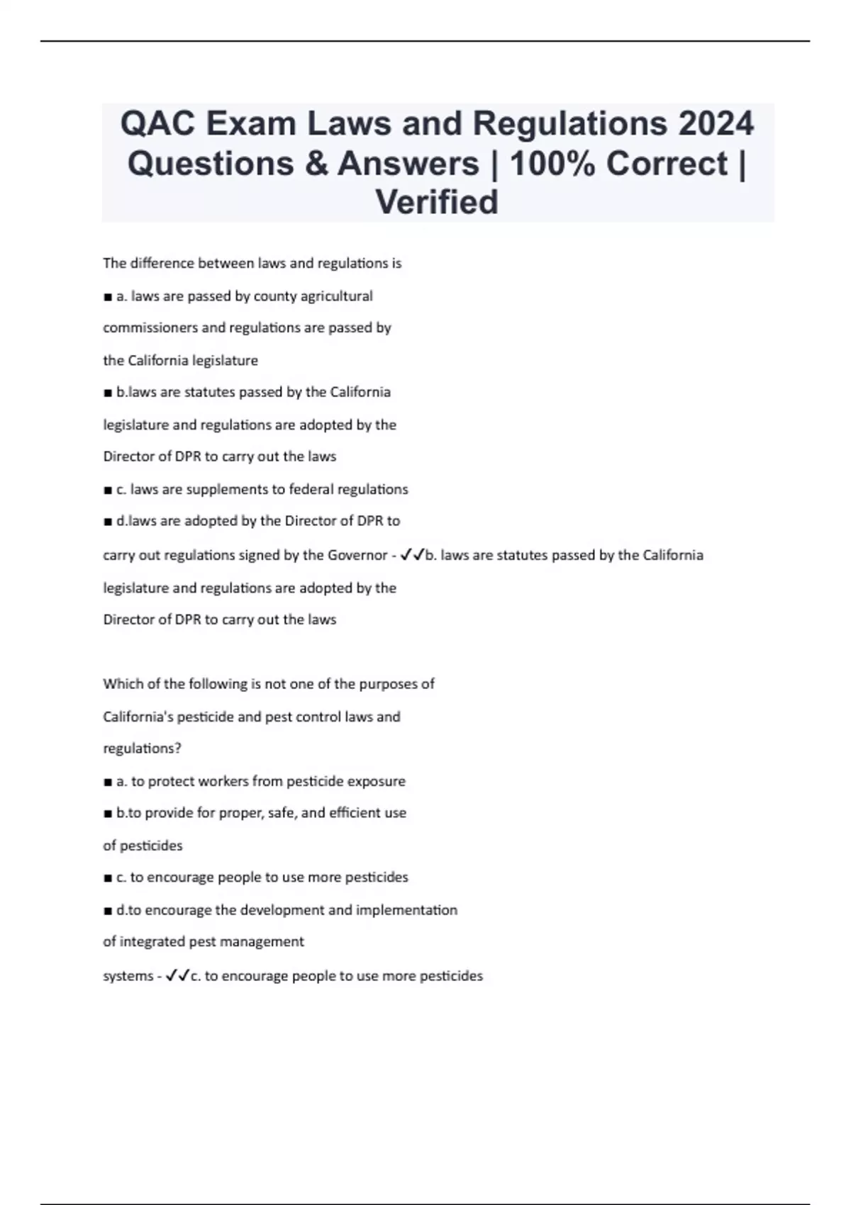 QAC Exam Laws and Regulations 2024 Questions & Answers | 100% Correct | Verified - 2024/25 Top ...