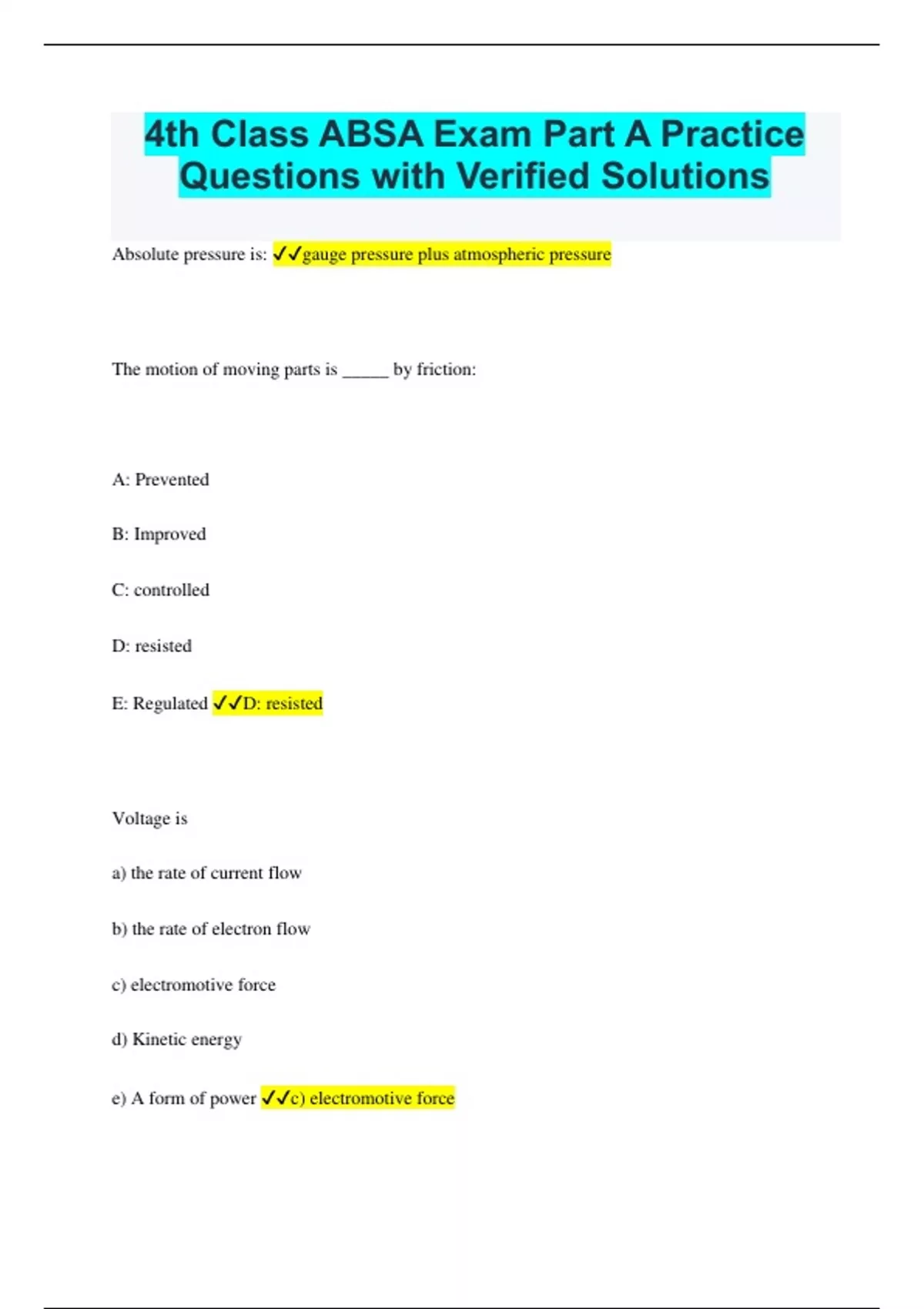 4th Class ABSA Exam Part A Practice Questions with Verified Solutions ...