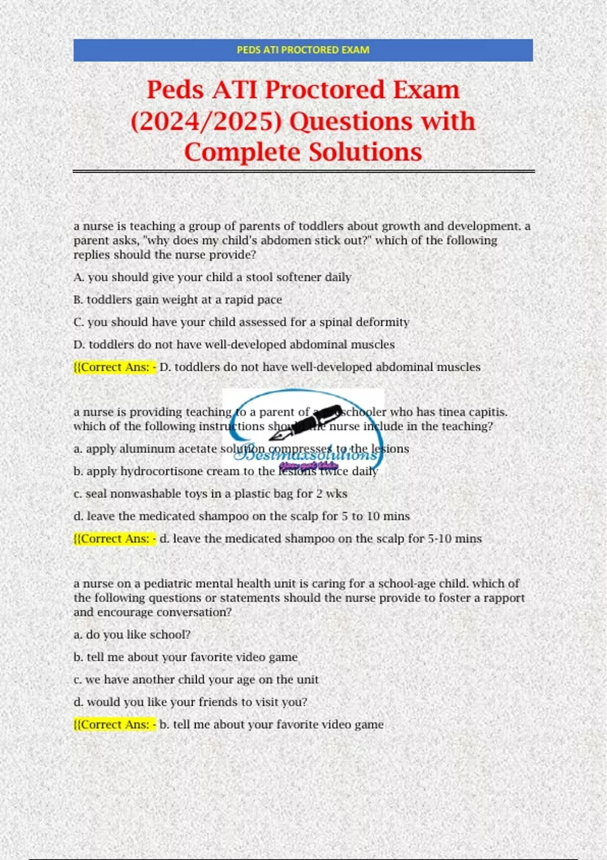 Peds ATI Proctored Exam (2024/2025) Questions with Complete Solutions ...