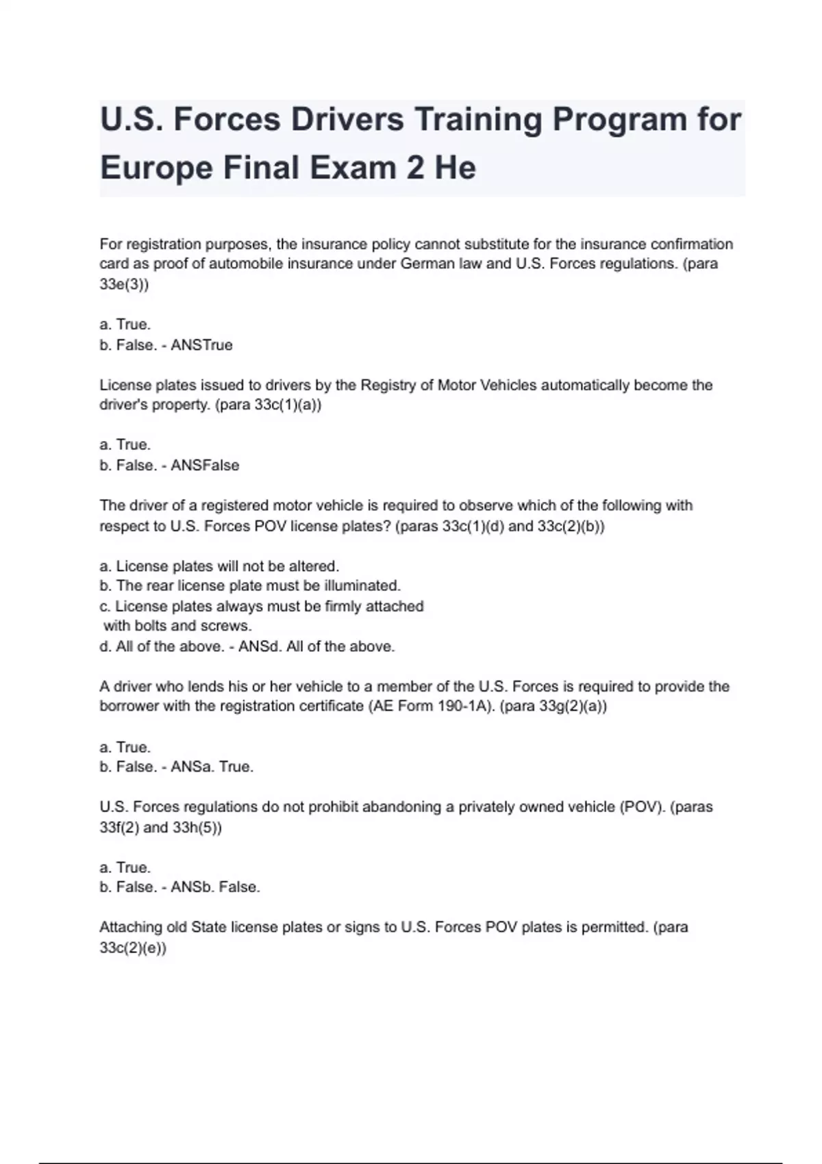 U.S. Forces Drivers Training Program for Europe Final Exam 2 He ...