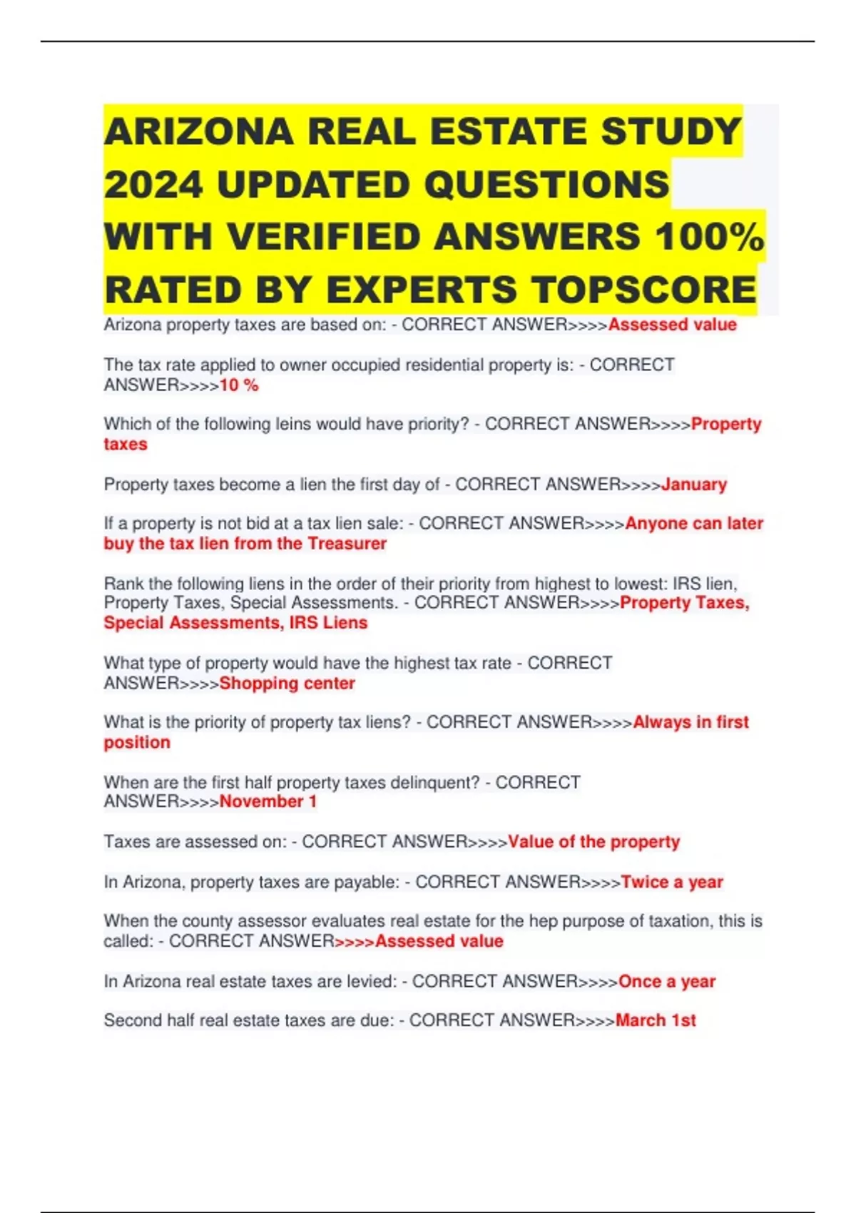 ARIZONA REAL ESTATE STUDY 2024 UPDATED QUESTIONS WITH VERIFIED ANSWERS ...