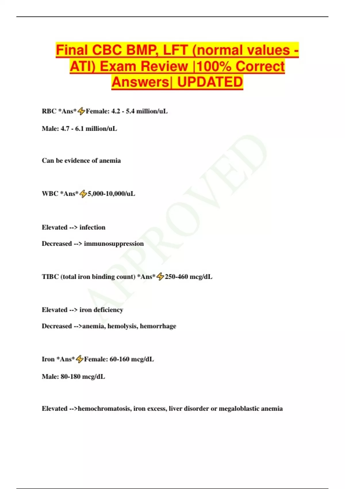 Final CBC BMP, LFT (normal values - ATI) Exam Review |100% Correct Answers| UPDATED - ATI ...