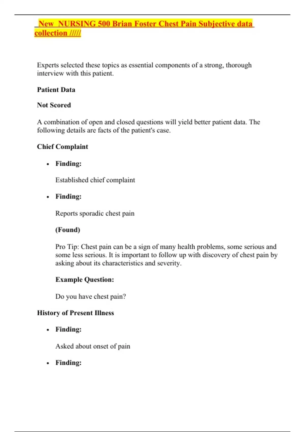 New NURSING 500 Brian Foster Chest Pain Subjective data collection ...