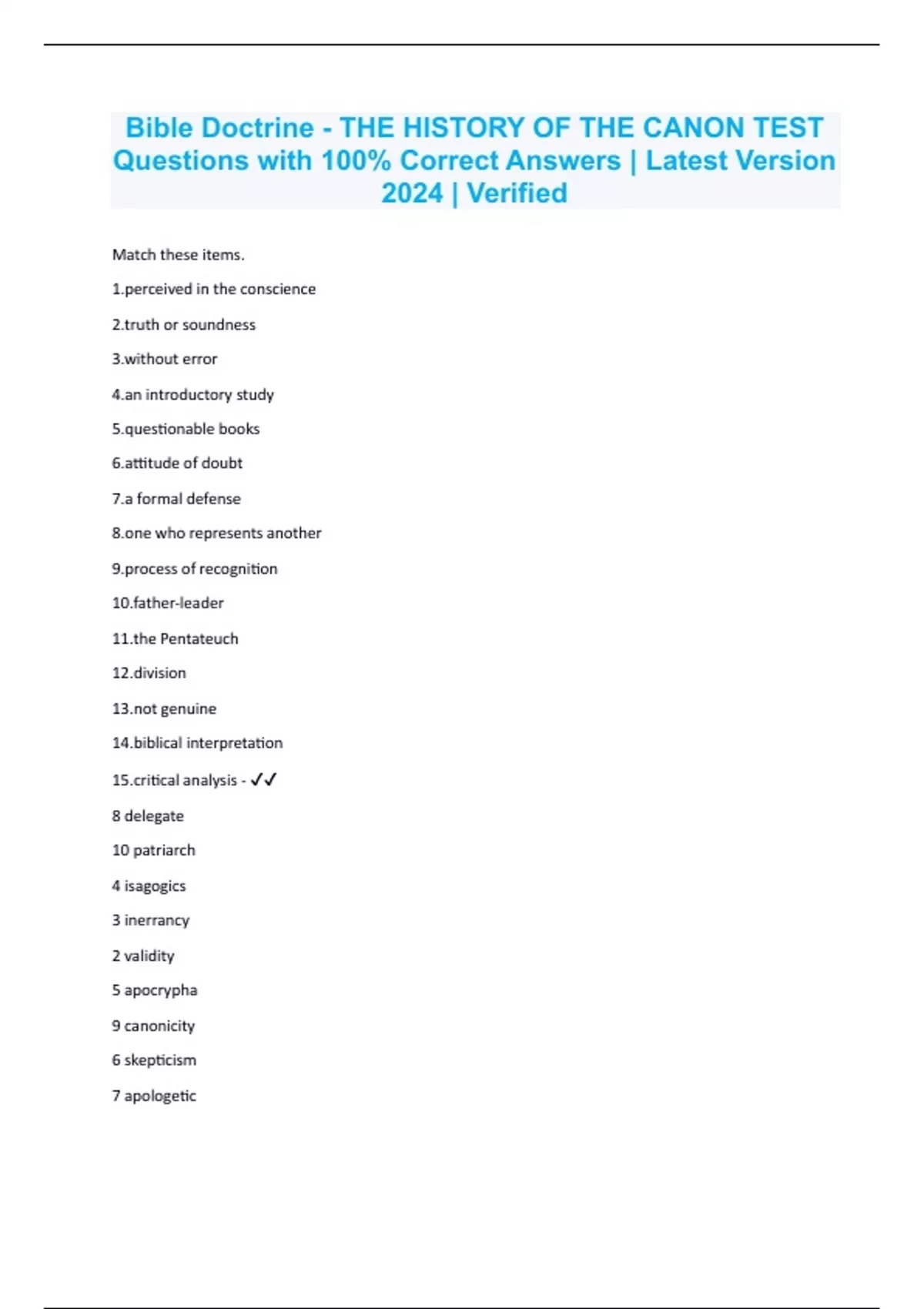 Bible Doctrine - THE HISTORY OF THE CANON TEST Questions with 100% ...