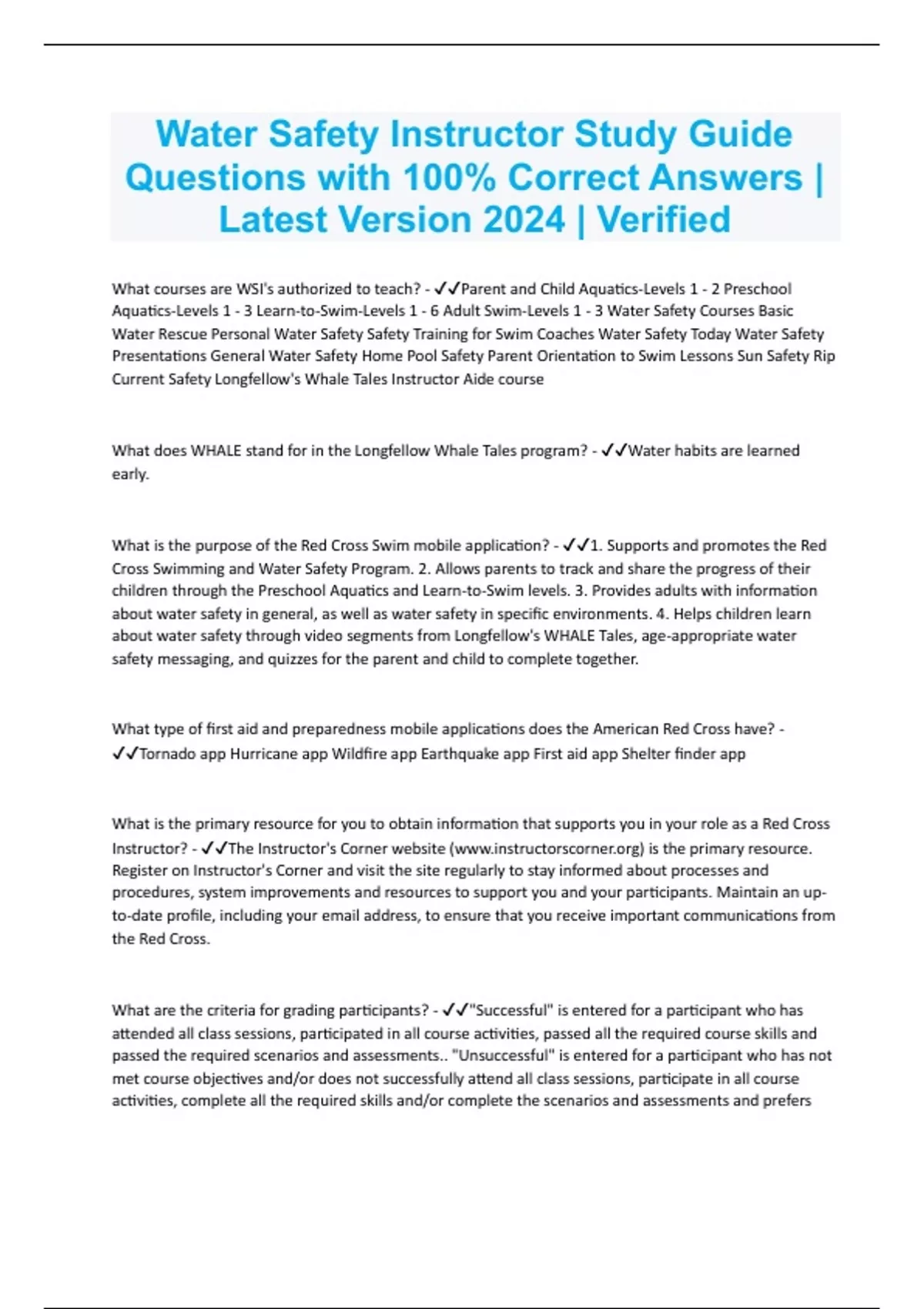 Water Safety Instructor Study Guide Questions with 100% Correct Answers ...