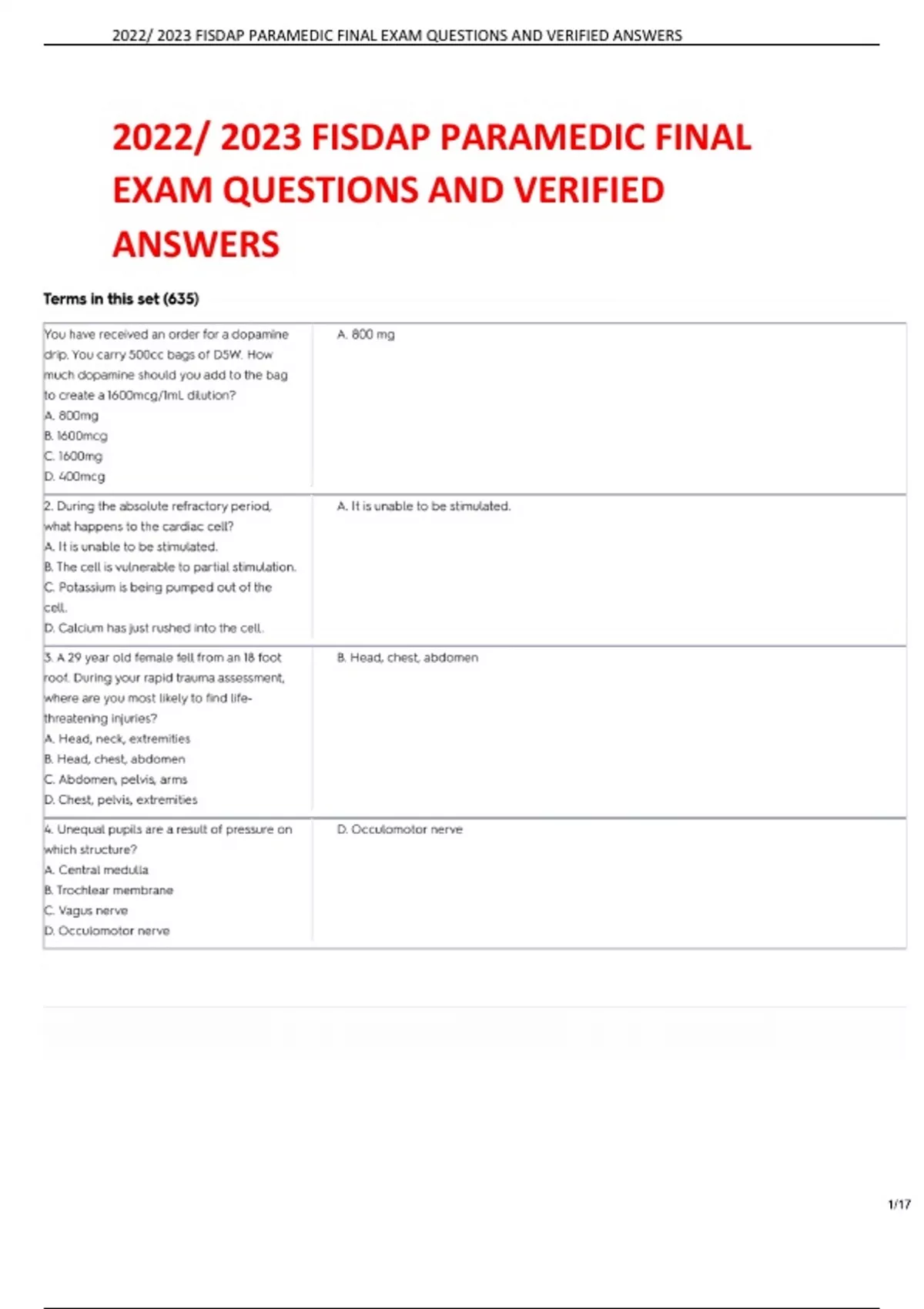 FISDAP PARAMEDIC FINAL EXAM QUESTIONS AND VERIFIED ANSWERS - FISDAP ...