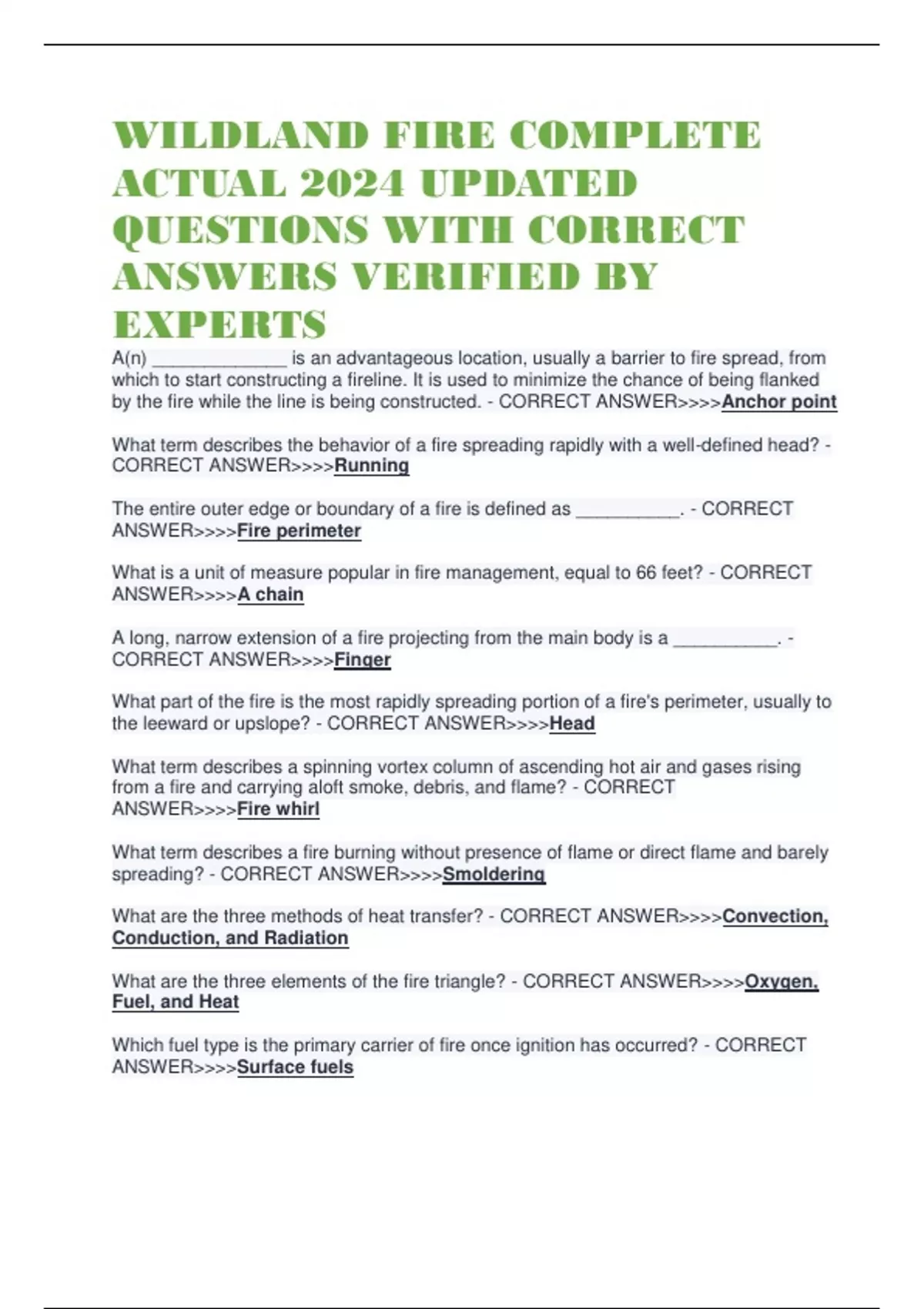 WILDLAND FIRE COMPLETE ACTUAL 2024 UPDATED QUESTIONS WITH CORRECT ...