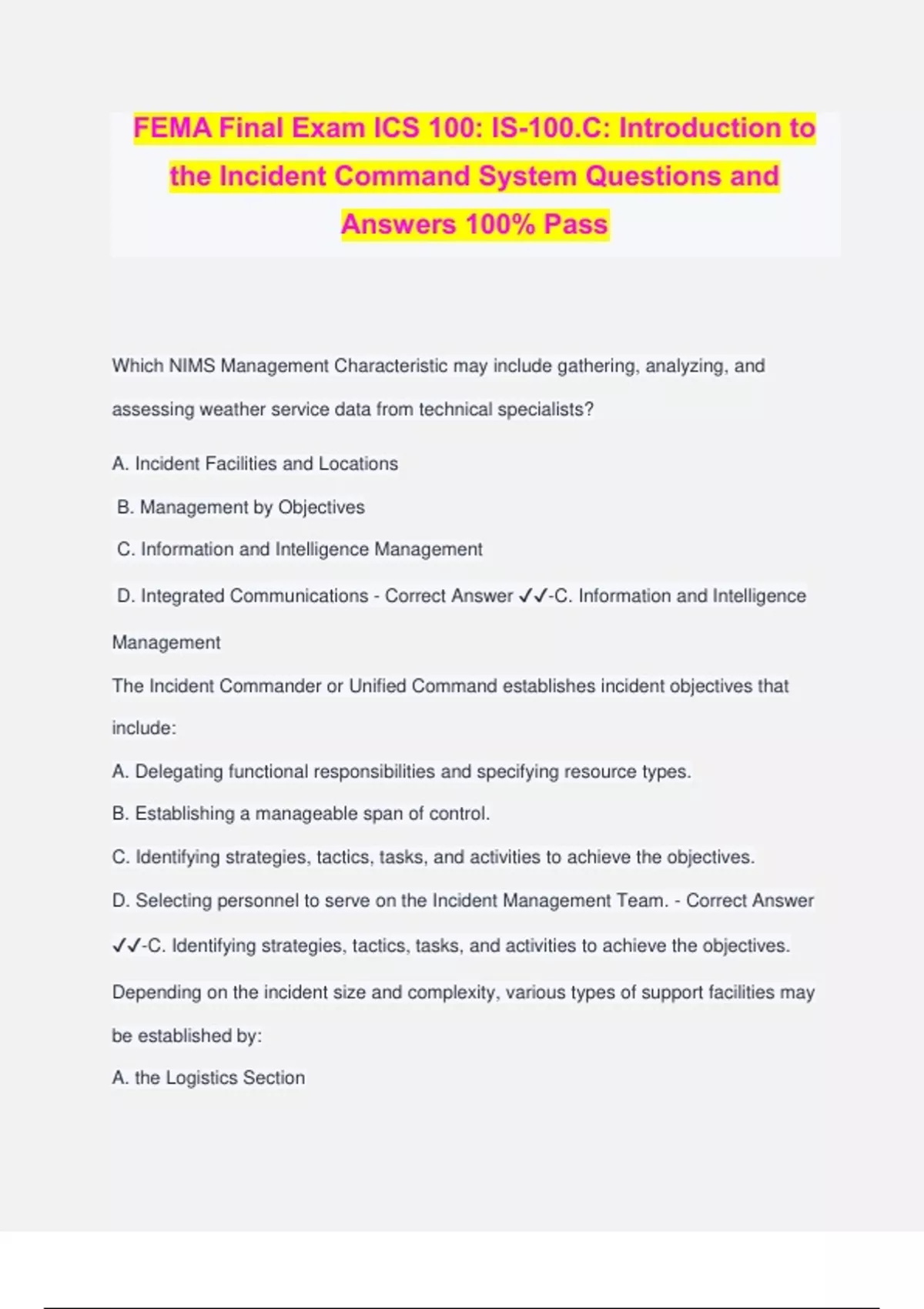 FEMA Final Exam ICS 100: IS-100.C: Introduction to the Incident Command ...
