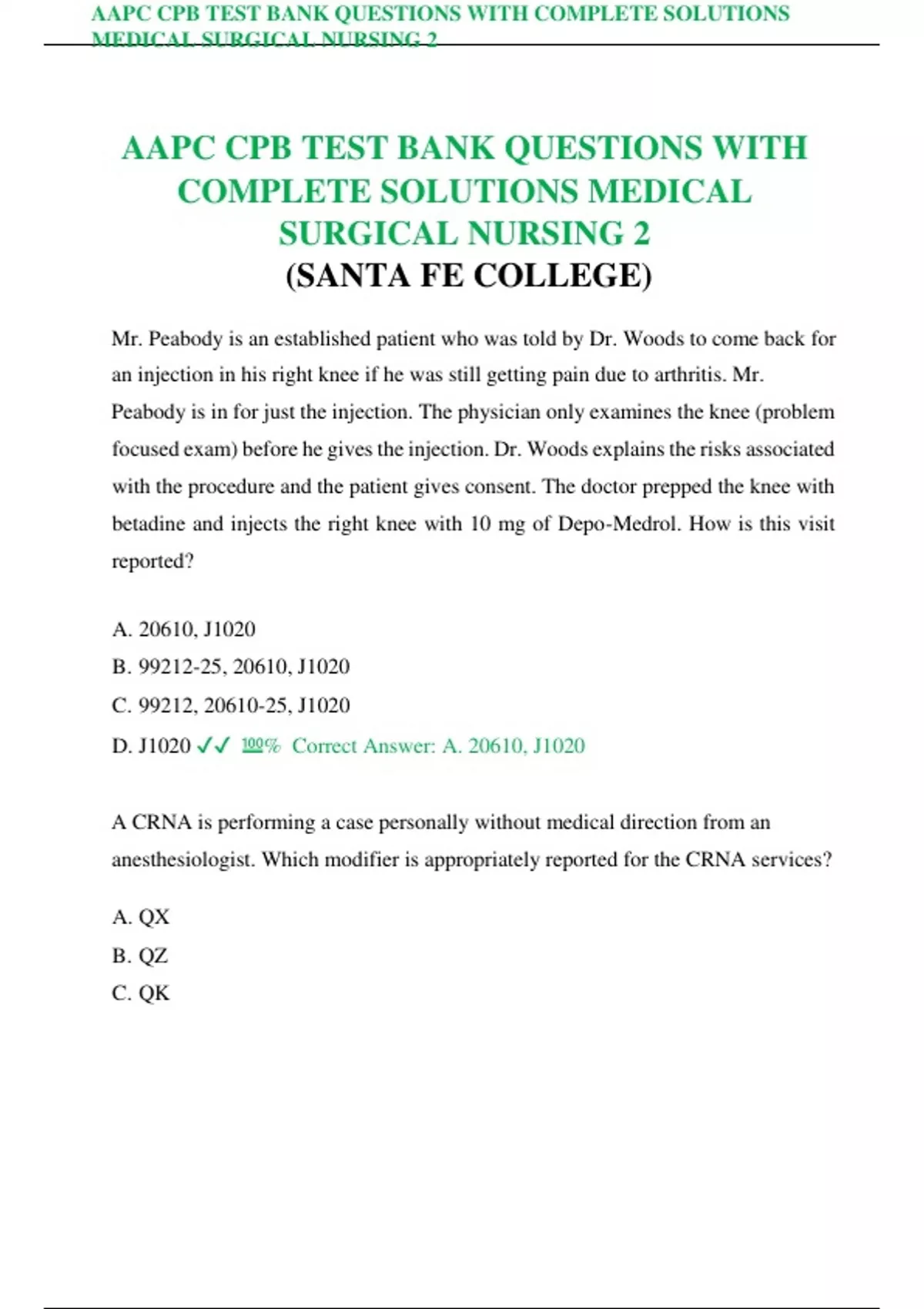 AAPC CPB TEST BANK QUESTIONS WITH COMPLETE SOLUTIONS MEDICAL SURGICAL ...