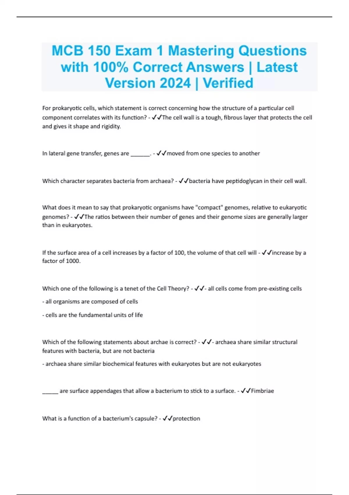 MCB 150 Exam 1 Mastering Questions with 100% Correct Answers | Latest ...