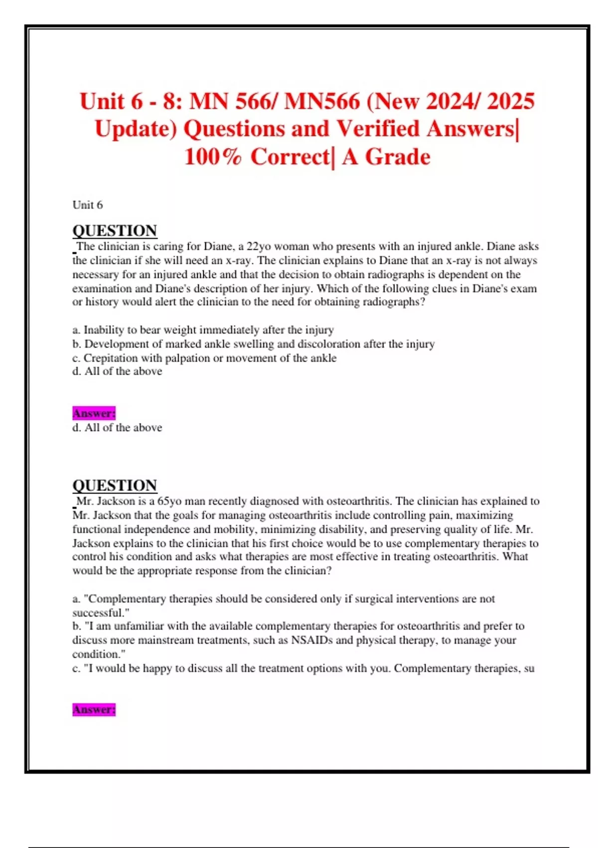 Unit 6 - 8: MN 566/ MN566 (New 2024/ 2025 Update) Questions and Verified Answers| 100% Correct ...