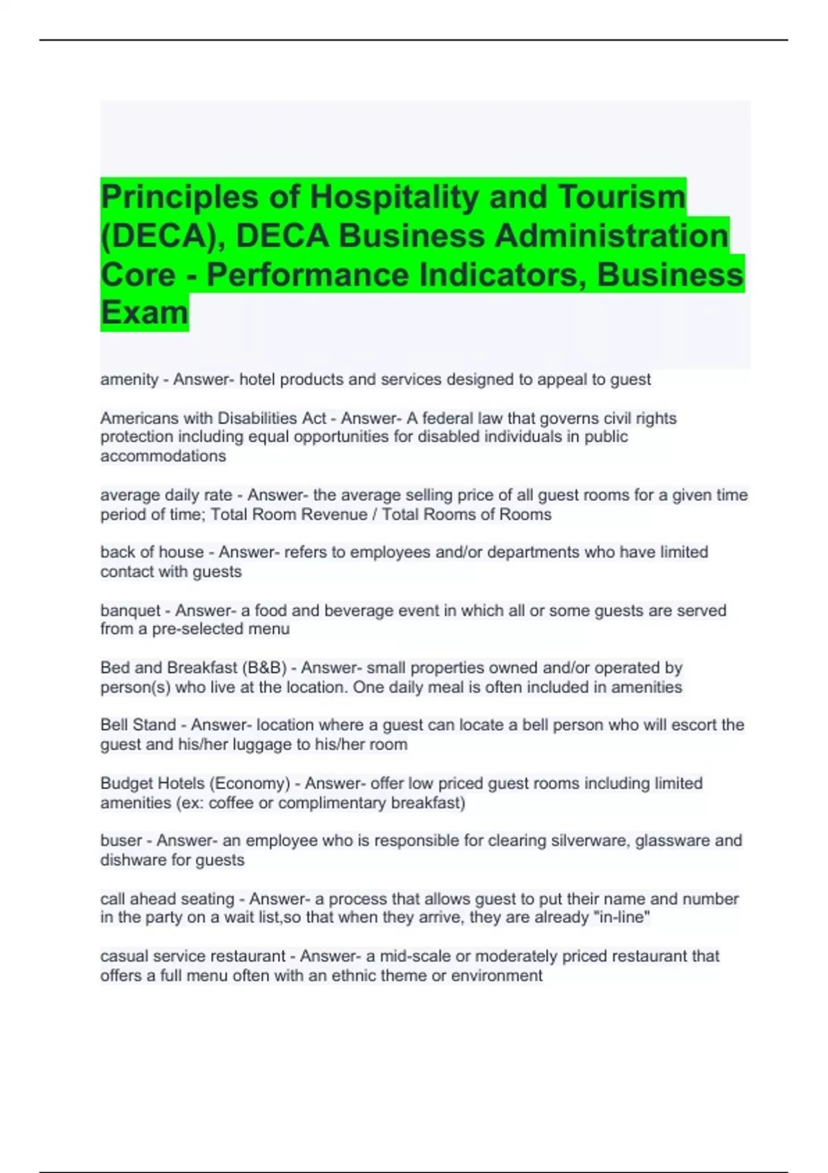 Principles of Hospitality and Tourism (DECA), DECA Business Administration Core - Performance ...