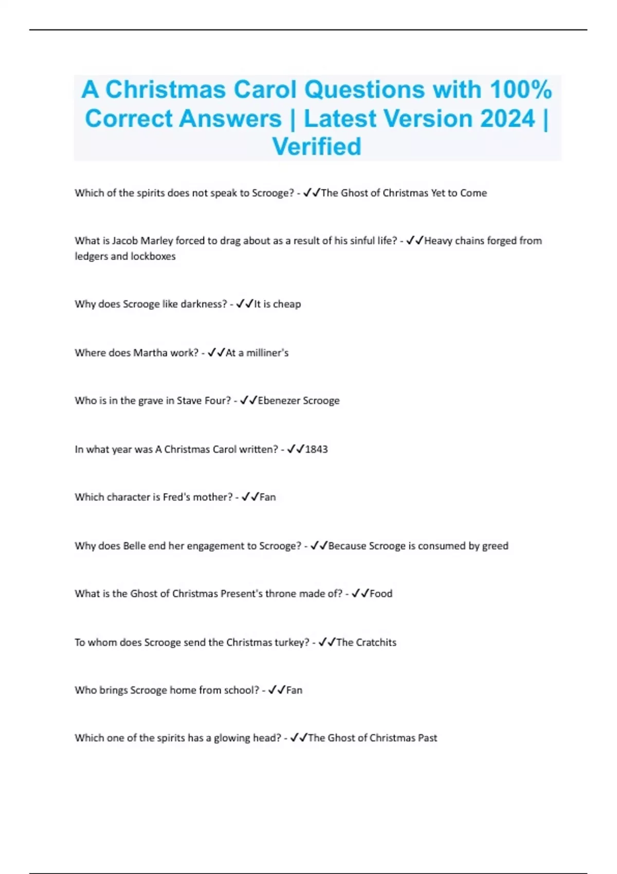 A Christmas Carol Questions with 100% Correct Answers | Latest Version ...