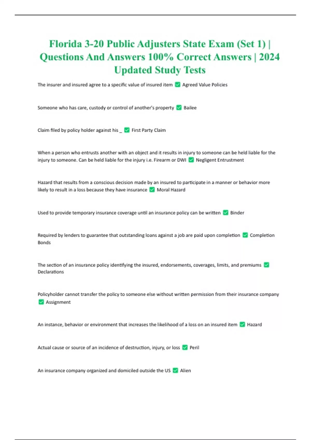 Florida 3-20 Public Adjusters State Exam (Set 1) | Questions And ...