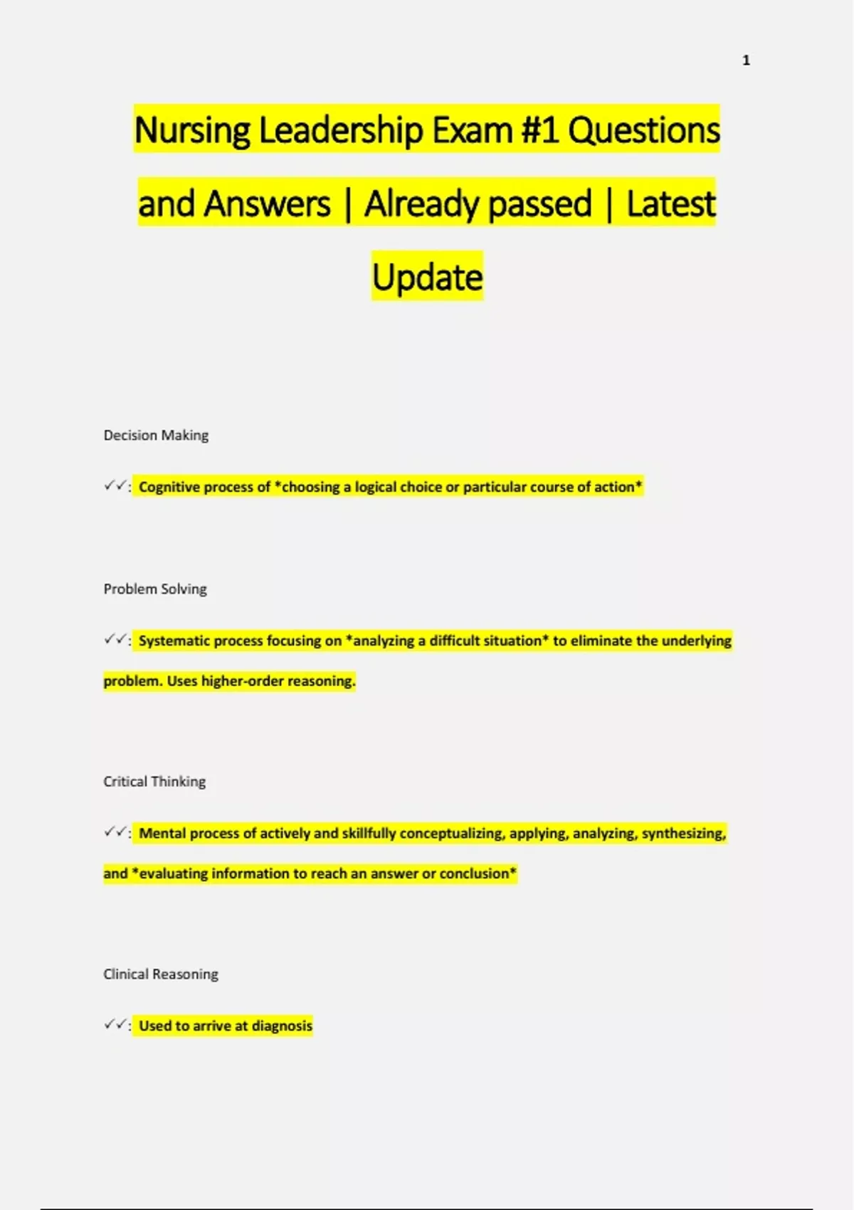 Nursing Leadership Exam #1 Questions and Answers | Already passed ...