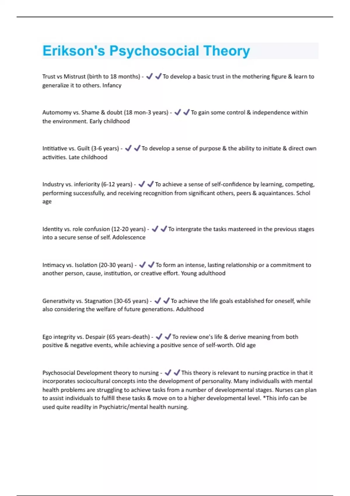 Erikson's Psychosocial Theory questions and answers all are correct ...