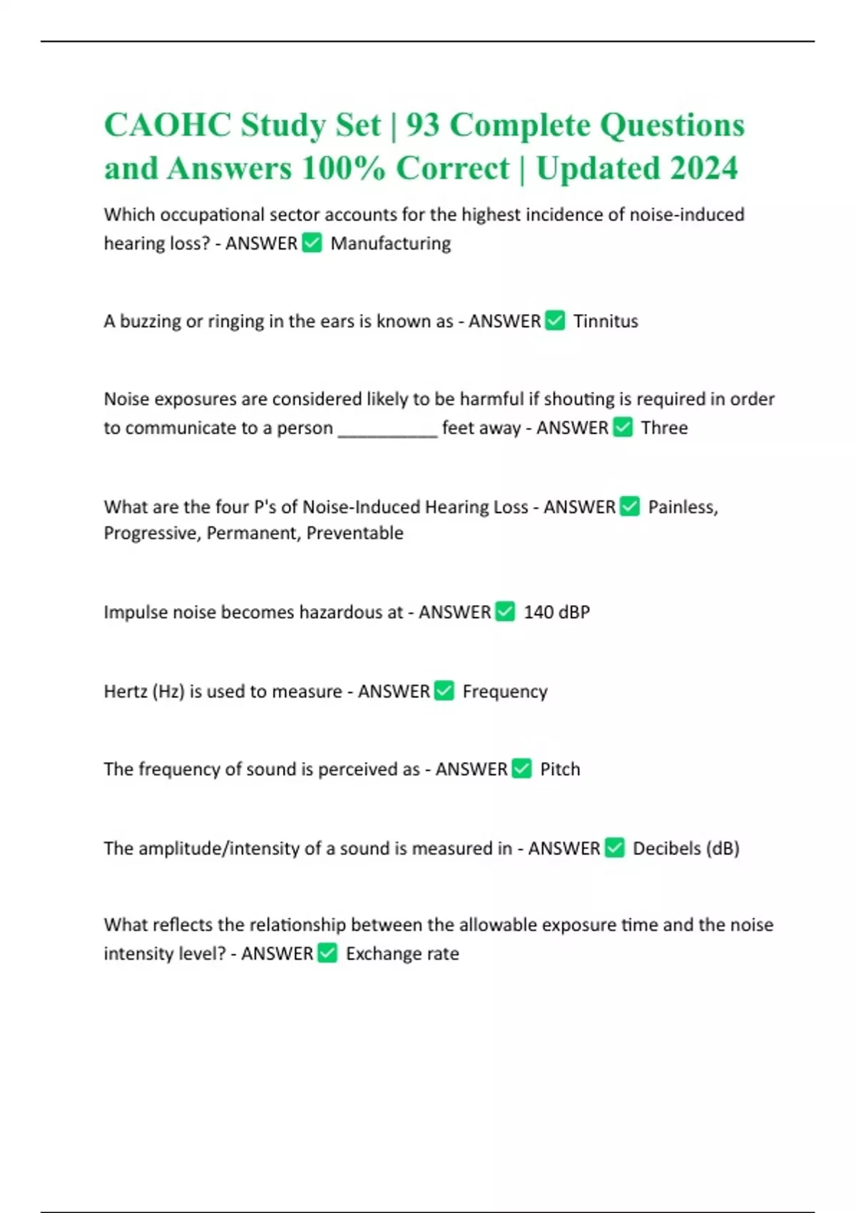 CAOHC Study Set | 93 Complete Questions and Answers 100% Correct ...
