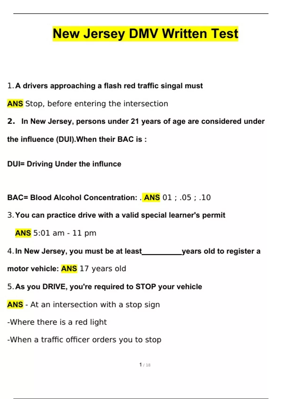 New Jersey DMV Written Test Questions and Answers 2024 / 2025 (Verified ...