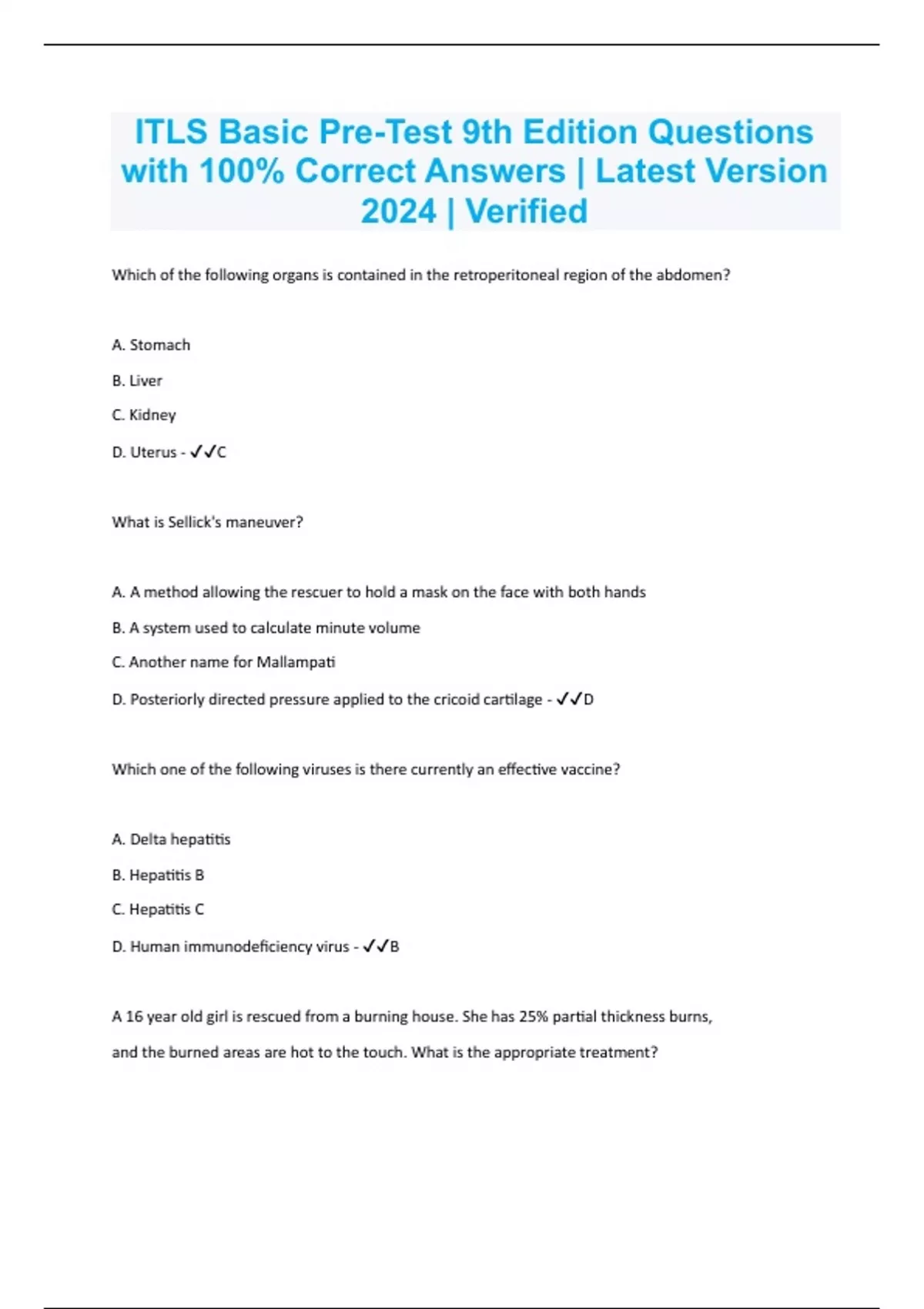 ITLS Basic Pre-Test 9th Edition Questions with 100% Correct Answers ...