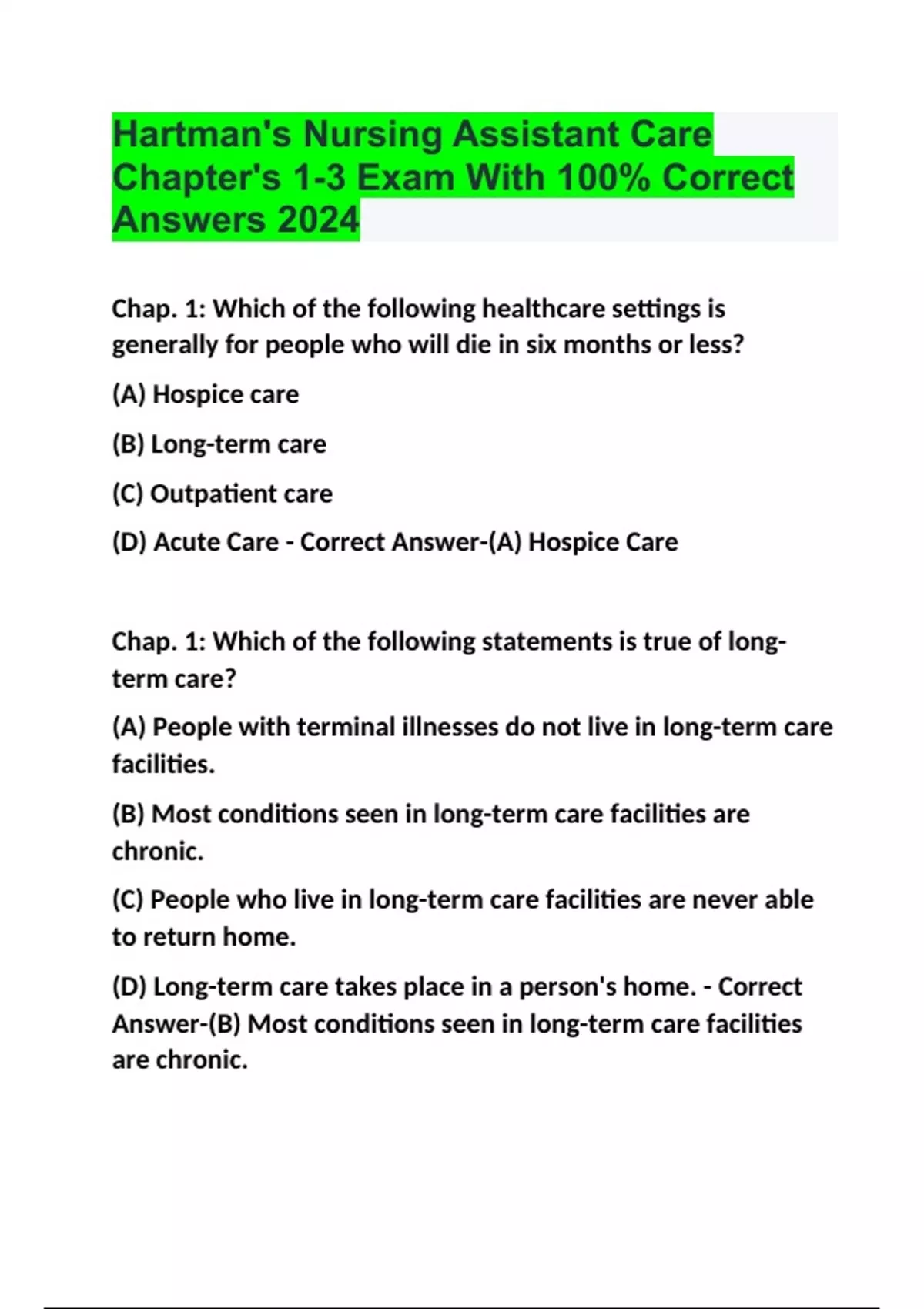 Hartman's Nursing Assistant Care Chapter's 1-3 Exam With 100% Correct ...