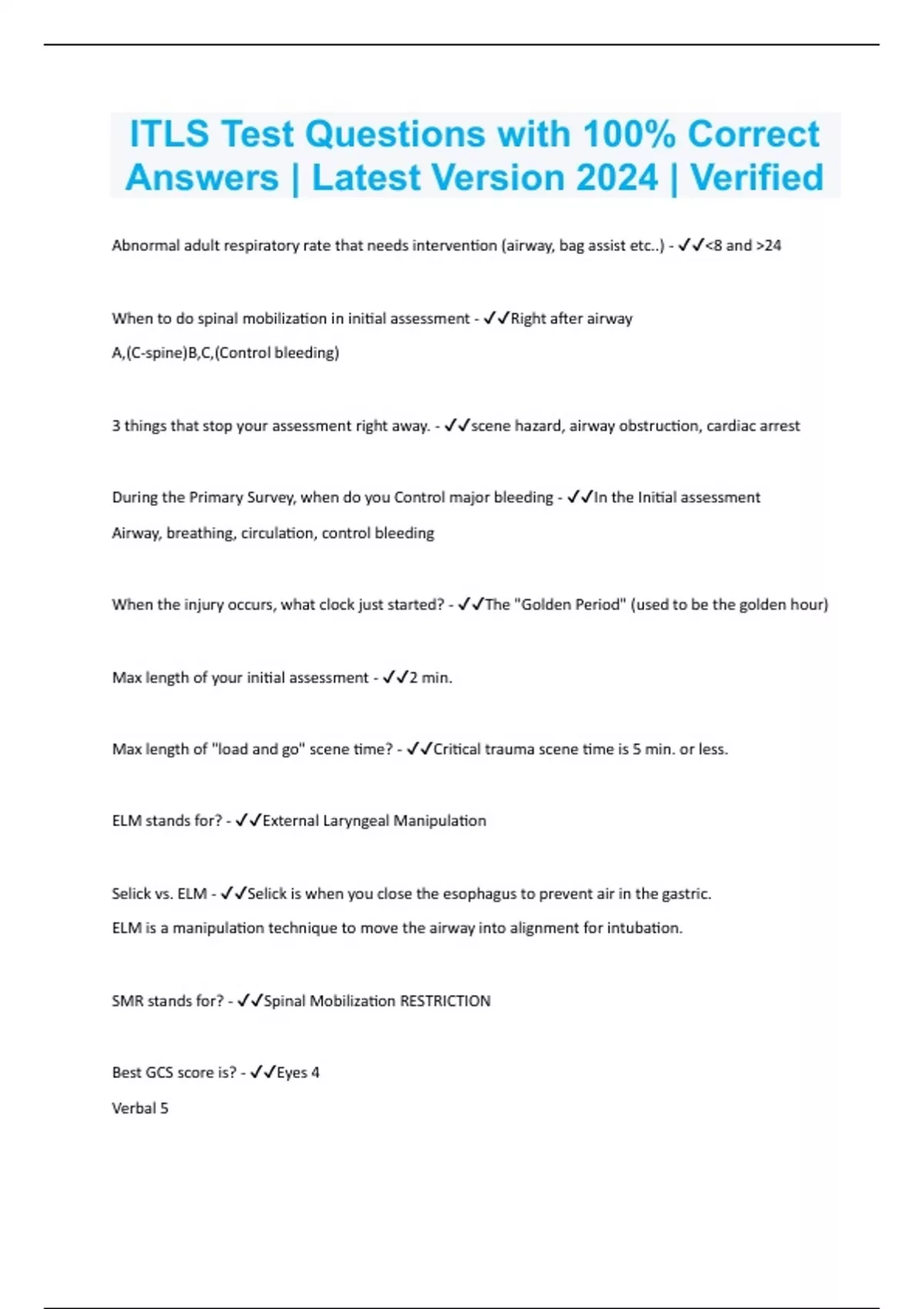 ITLS Test Questions with 100% Correct Answers | Latest Version 2024 ...