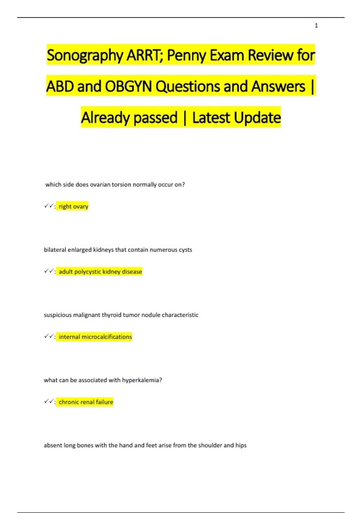 Sonography ARRT; Penny Exam Review for ABD and OBGYN Questions and ...