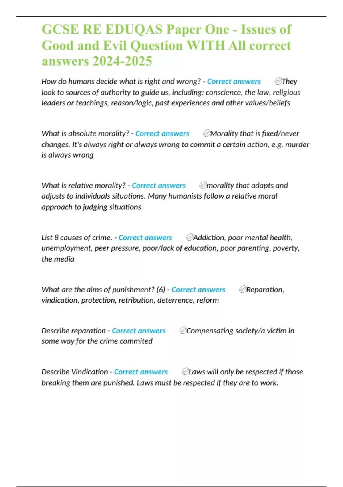 GCSE RE EDUQAS Paper One - Issues of Good and Evil Question WITH All ...