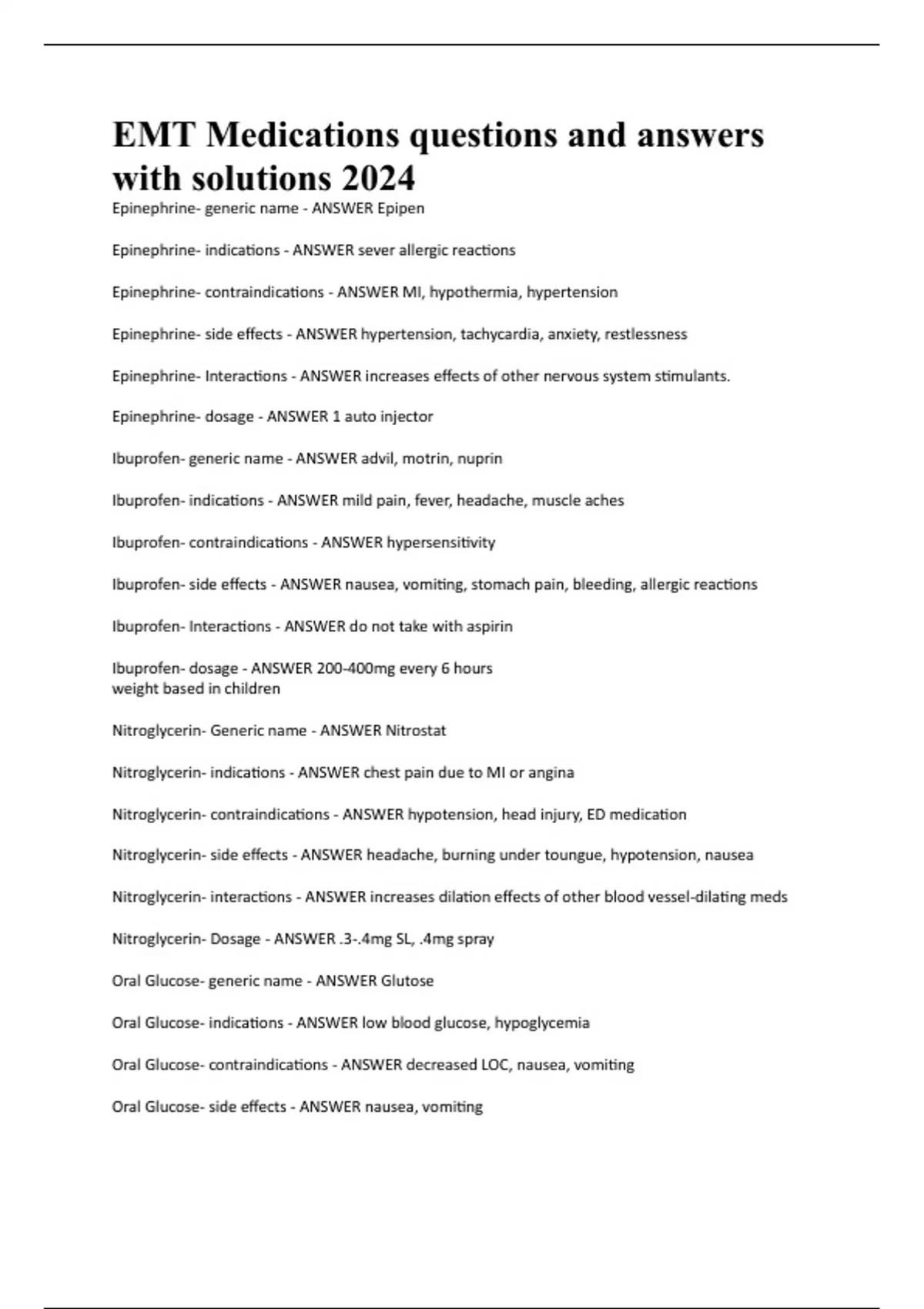 EMT Medications questions and answers with solutions 2024 - EMT - Stuvia US