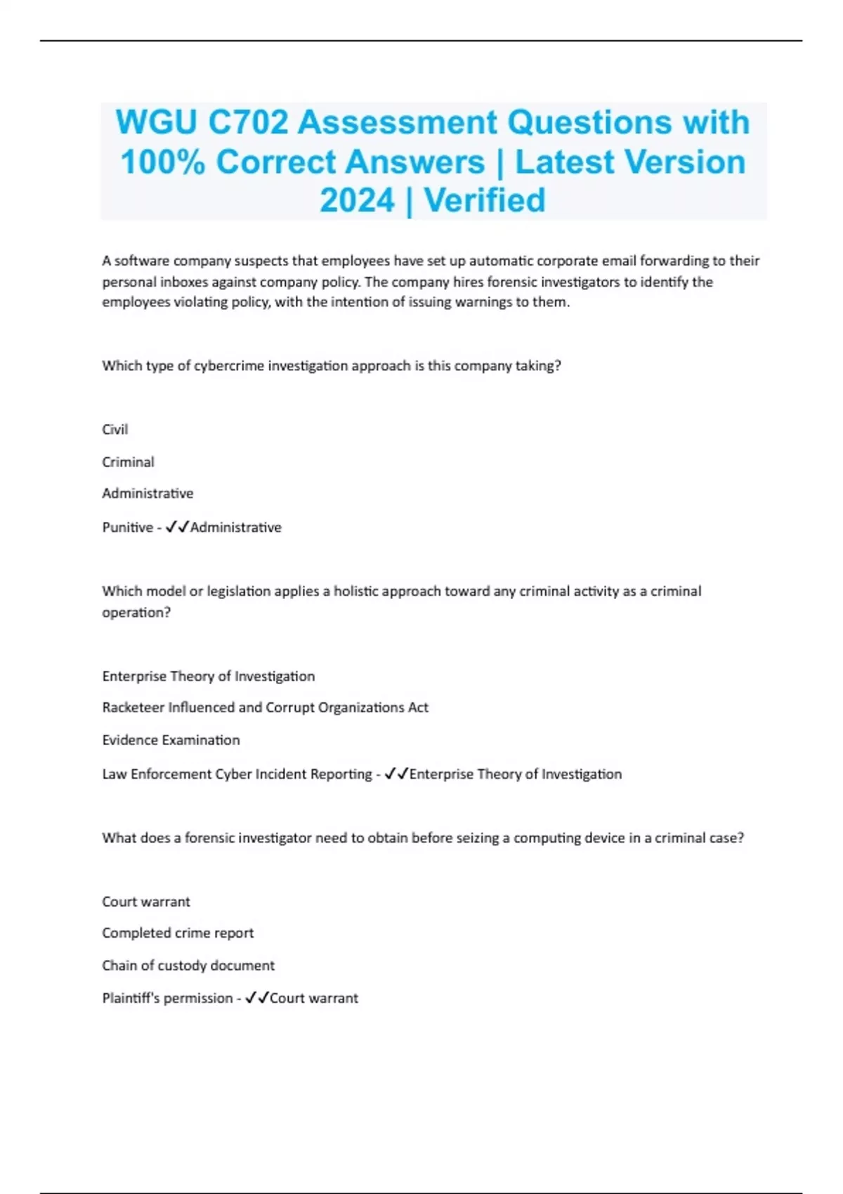 WGU C702 Assessment Questions with 100% Correct Answers | Latest ...