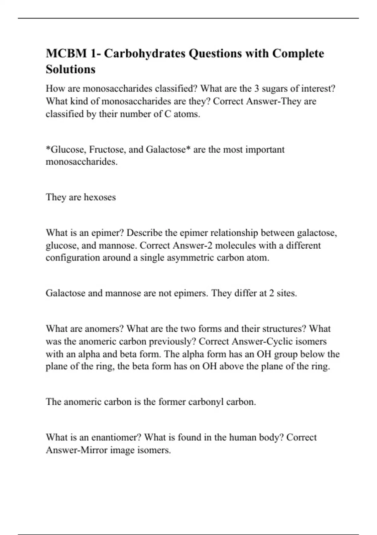 MCBM 1- Carbohydrates Questions with Complete Solutions - MCBM - Stuvia US