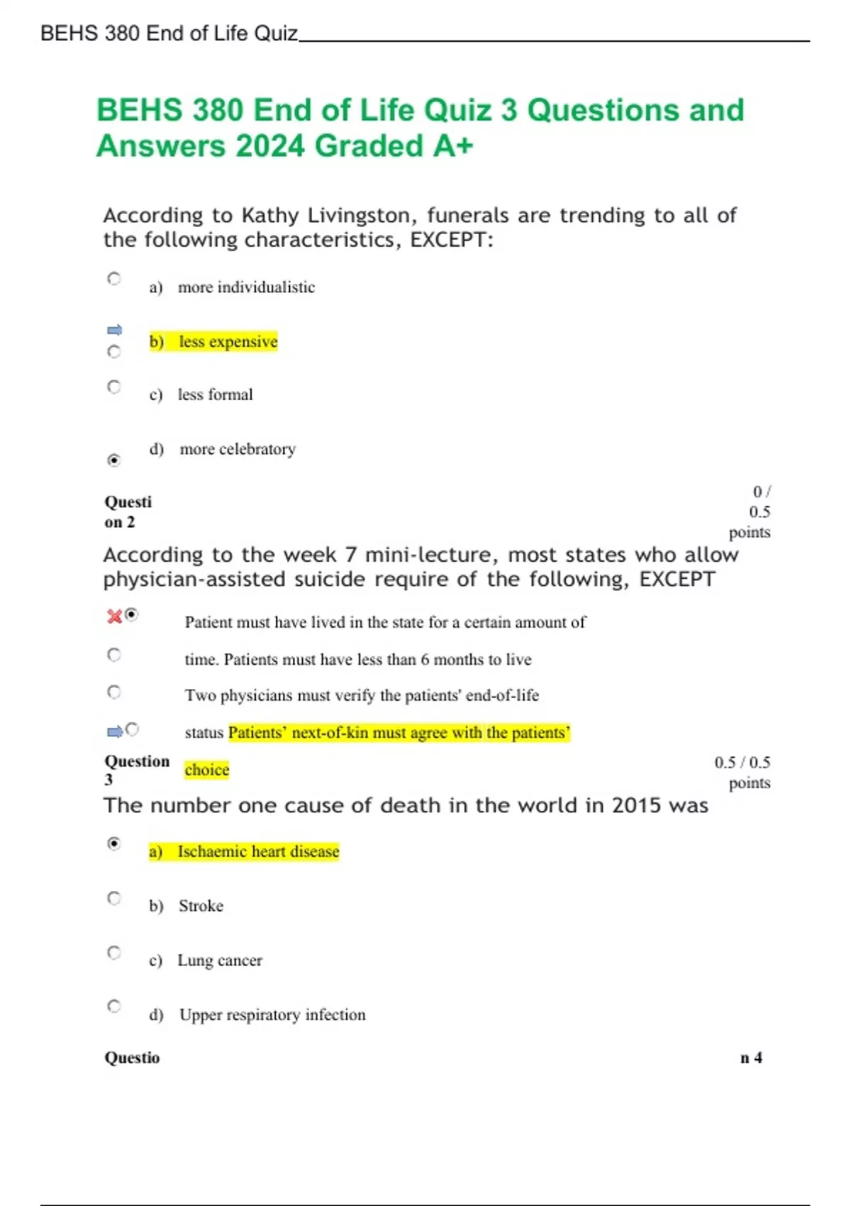 BEHS 380 End of Life Quiz 3 Questions and Answers 2024 Graded A+ - BEHS 380 - Stuvia US