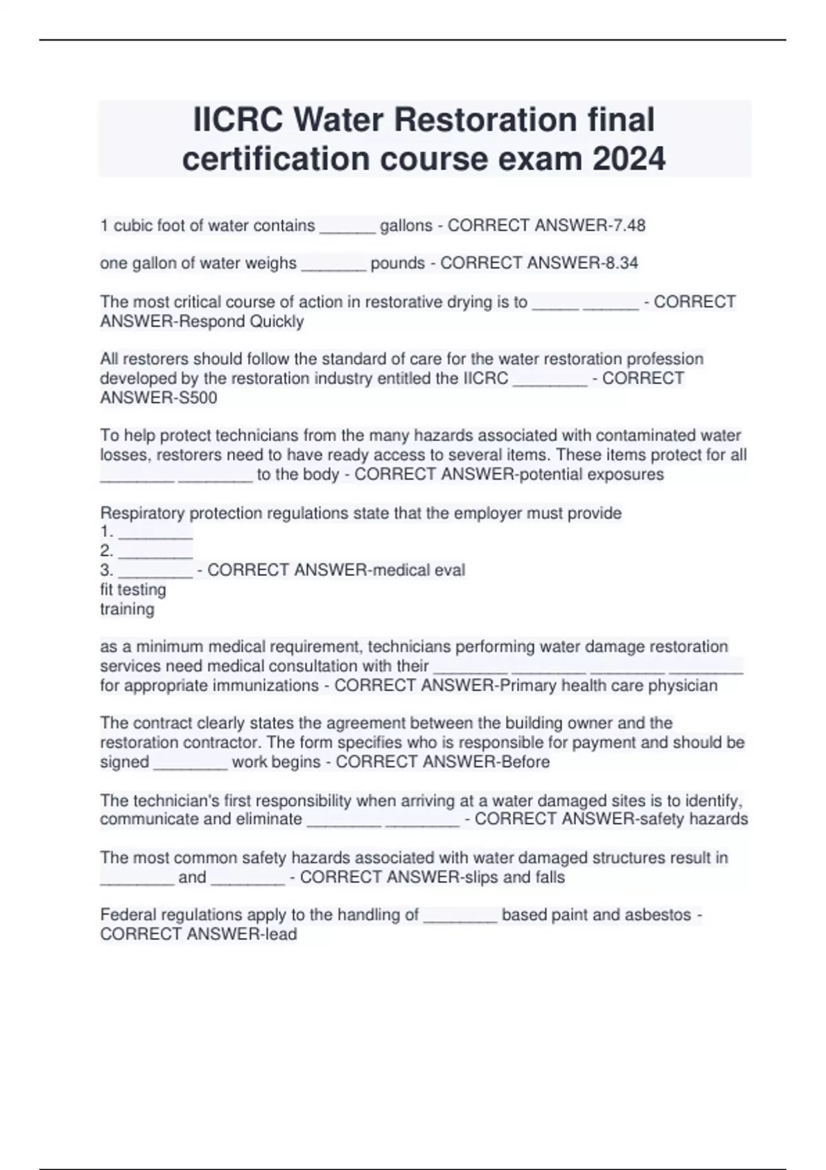 IICRC Water Restoration final certification course exam 2024 - IICRC - Stuvia US